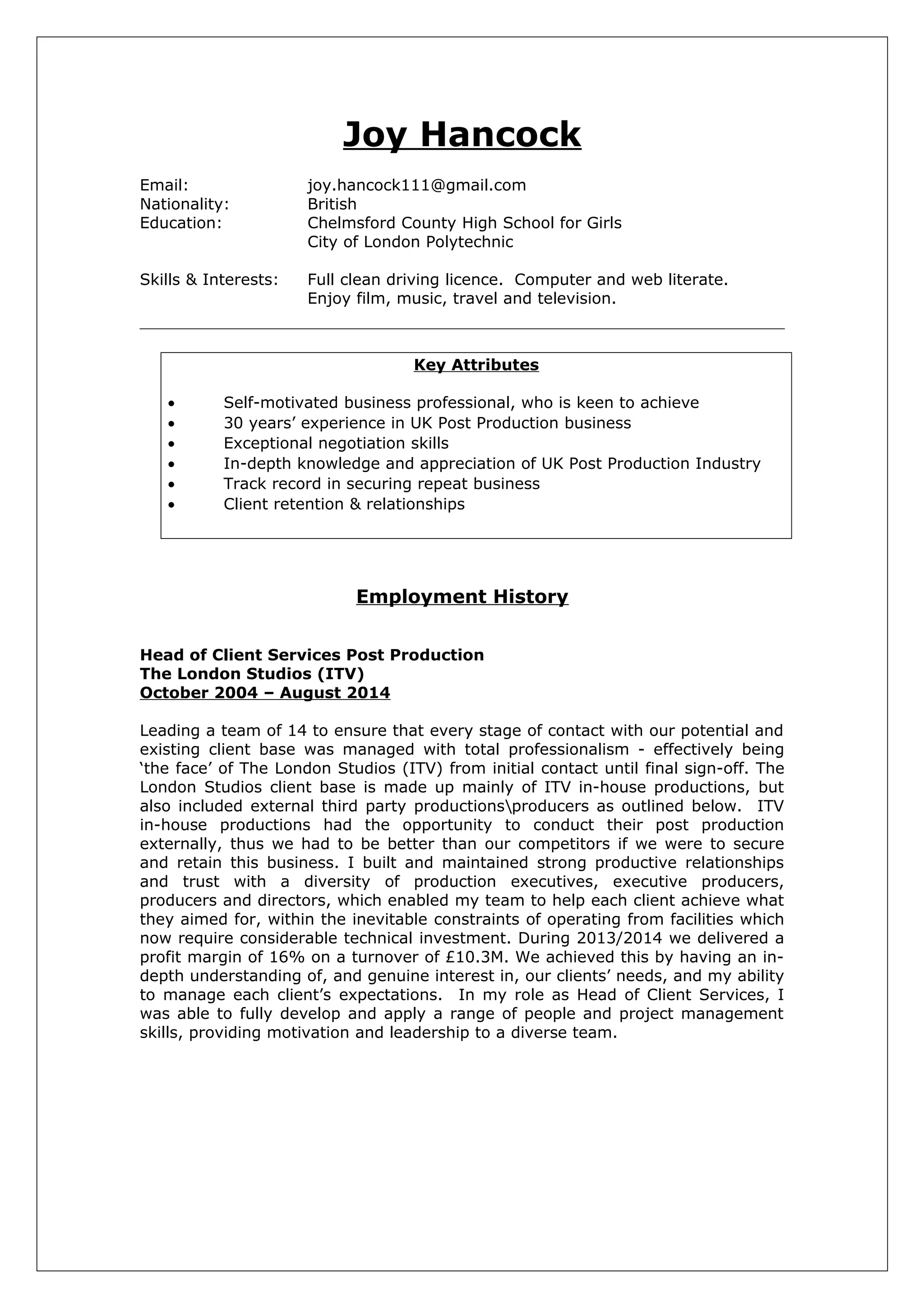 CV Joy Hancock March 2015 - no contact details | PDF | Free Download