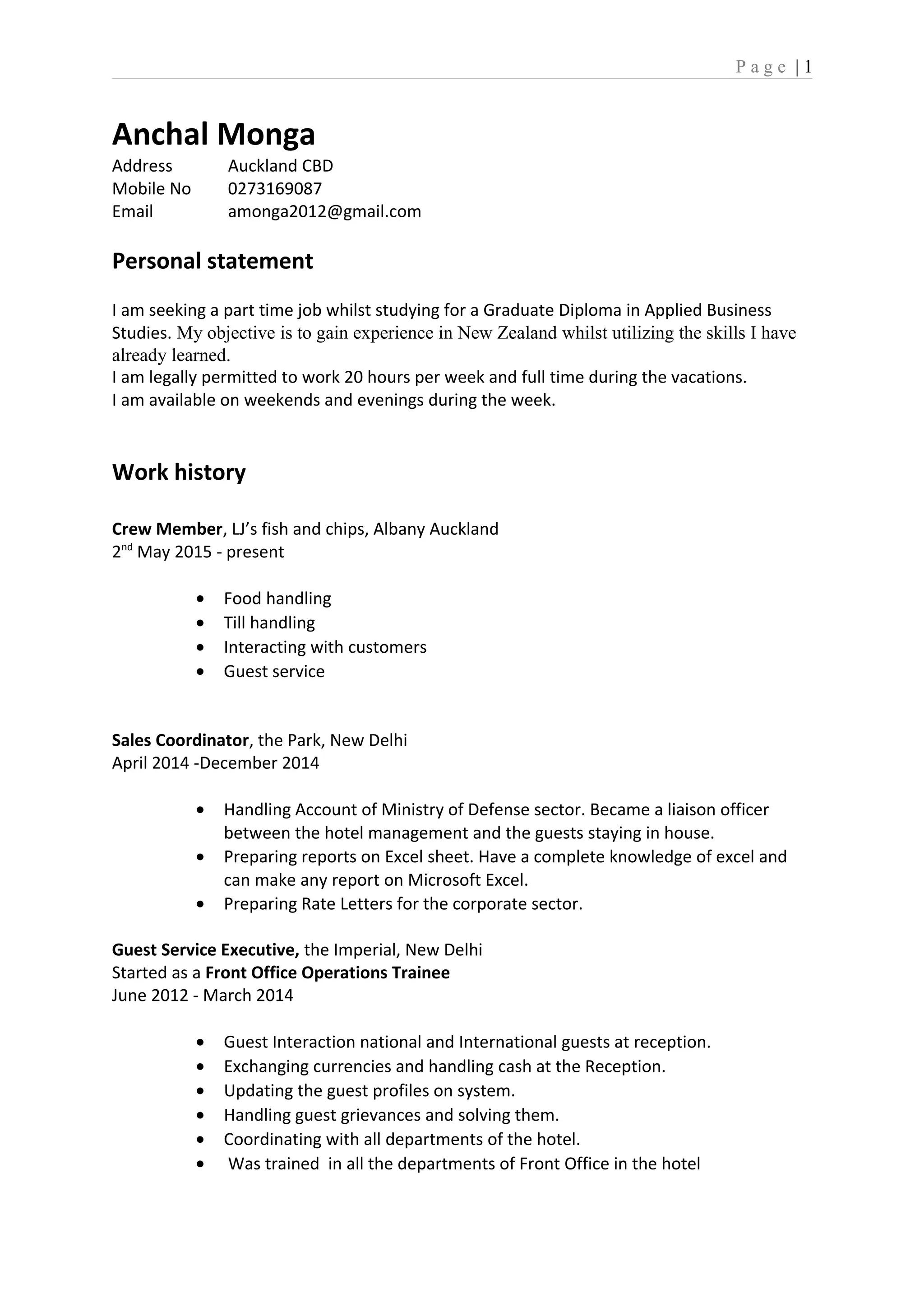 Anchal CV | DOC | Hotel Properties | Real Estate