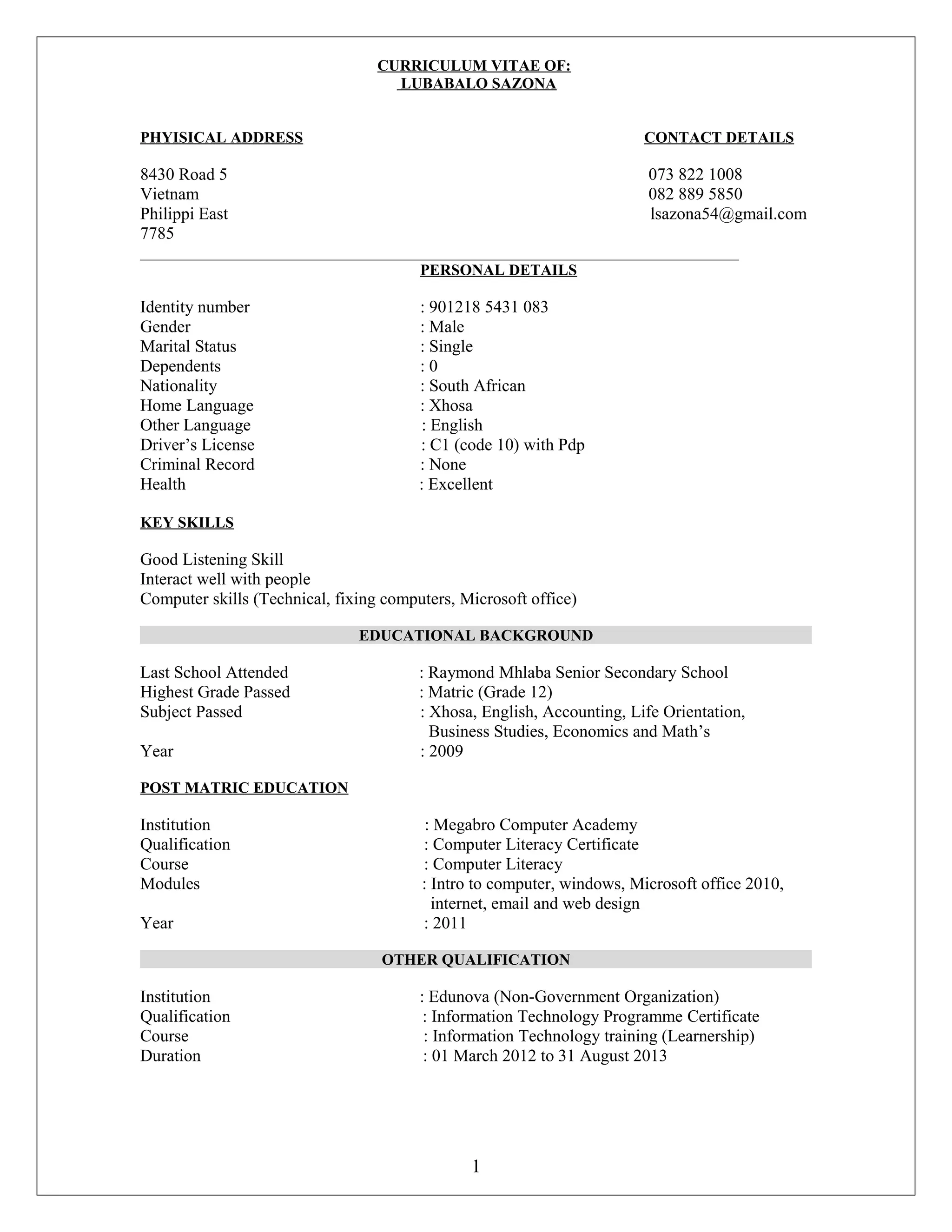 Curriculum vitae Lubabalo. | DOC