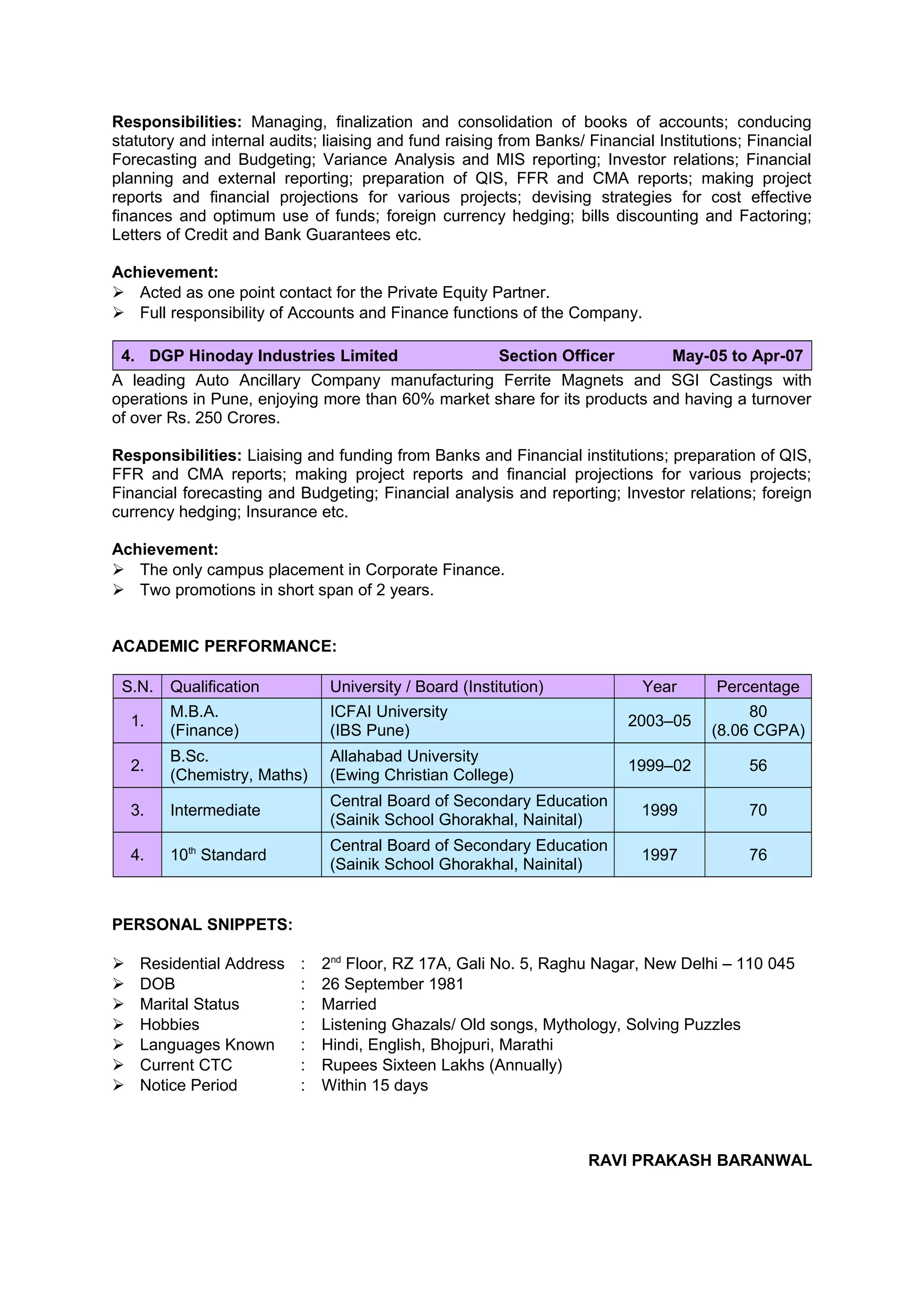 Resume - R P Baranwal | DOC