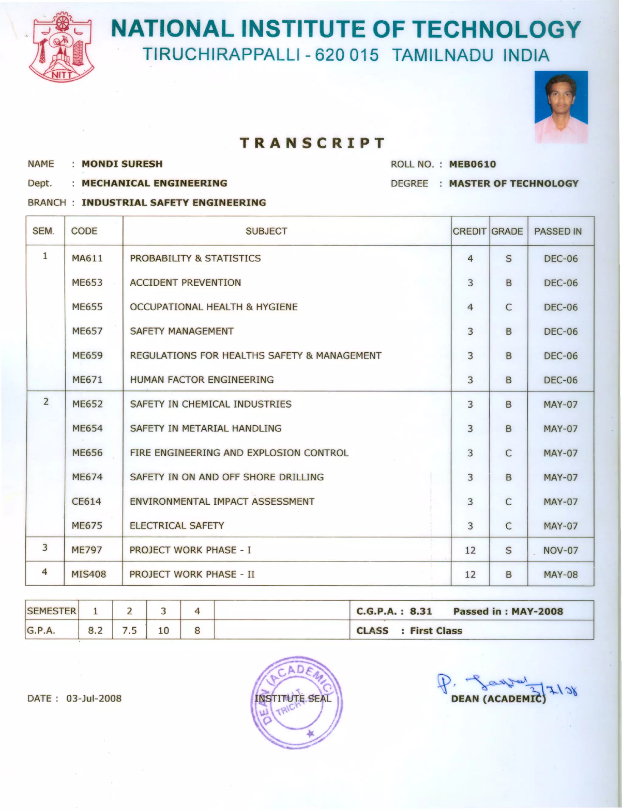 M.TECH CONSOLIDATE MARK SHEET | PDF