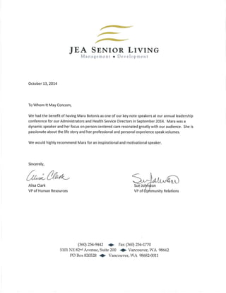 JEA Senior Living Letter of Recommendation | PDF