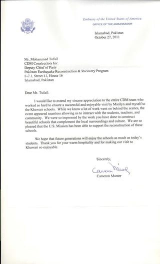 pakistan usaid reconstruction program letter from us ambassador | PDF ...