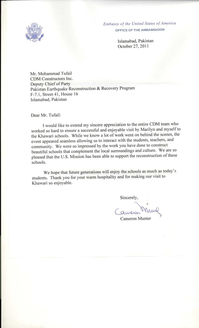 pakistan usaid reconstruction program letter from us ambassador | PDF