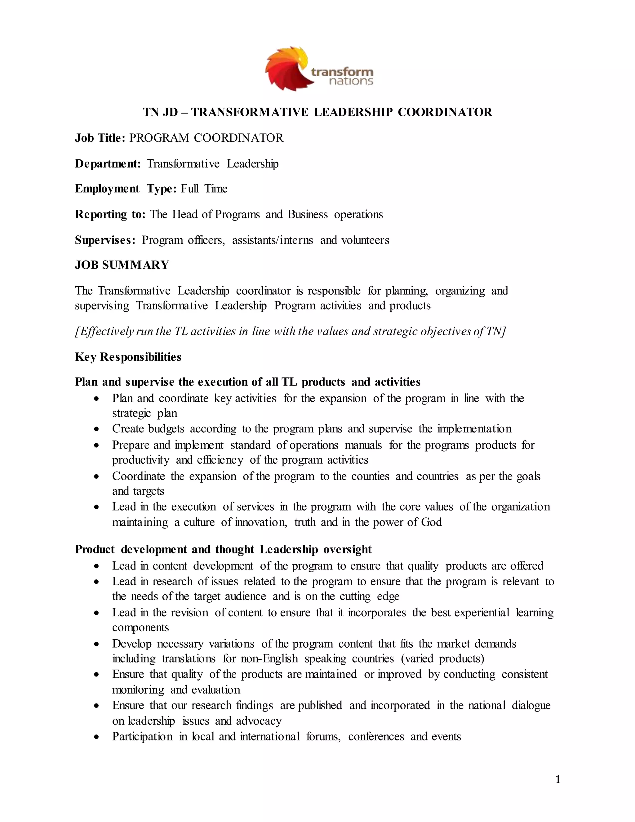 Program Cordinator - T. L. | DOCX | Human Resources | Business