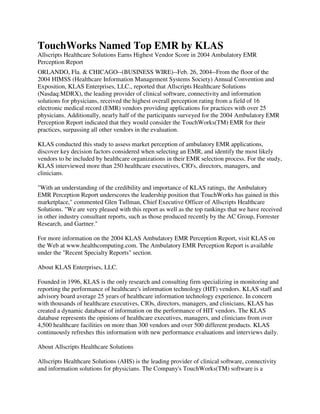 TouchWorks Named Top EMR by KLAS - Allscripts MDRX press release Feb 26 ...
