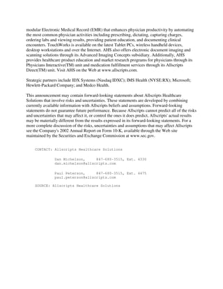 TouchWorks Named Top EMR by KLAS - Allscripts MDRX press release Feb 26 ...