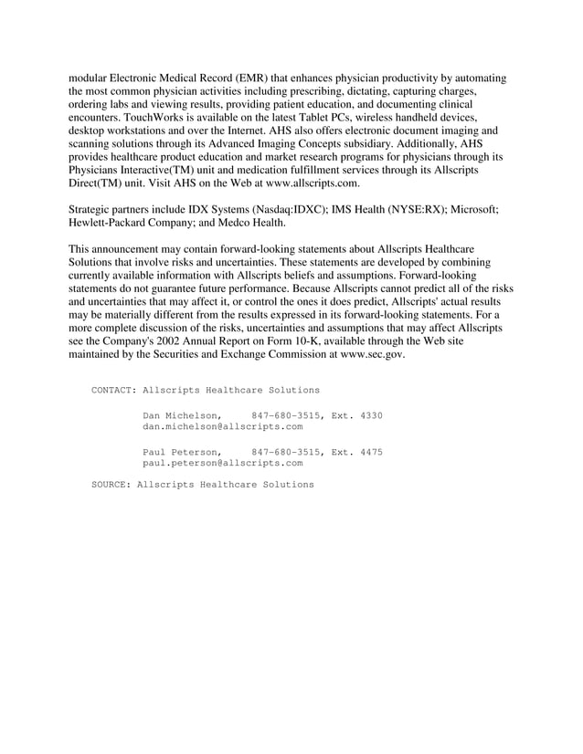 TouchWorks Named Top EMR by KLAS - Allscripts MDRX press release Feb 26 ...