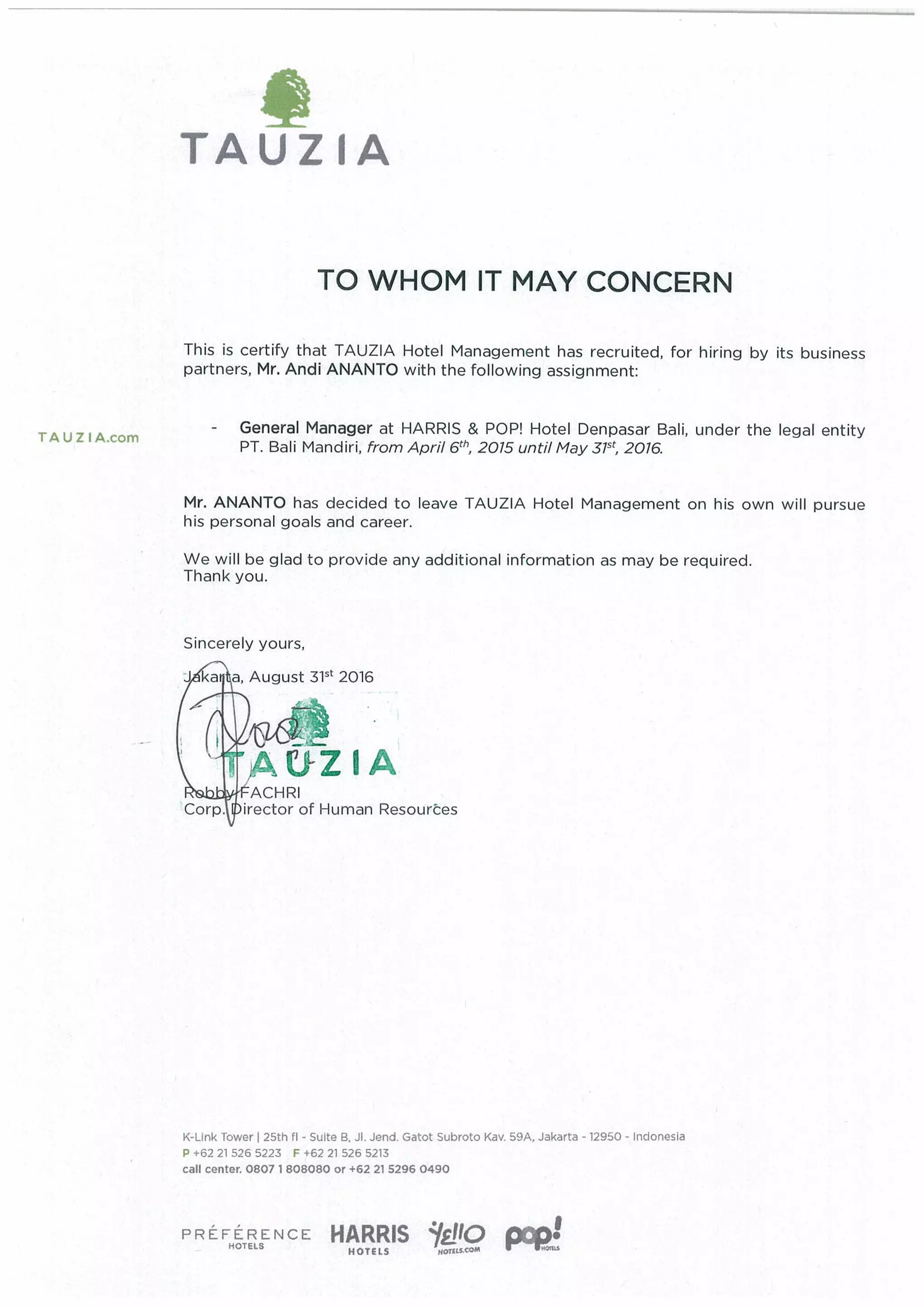 Reference Letter - TAUZIA Hotel Management | PDF