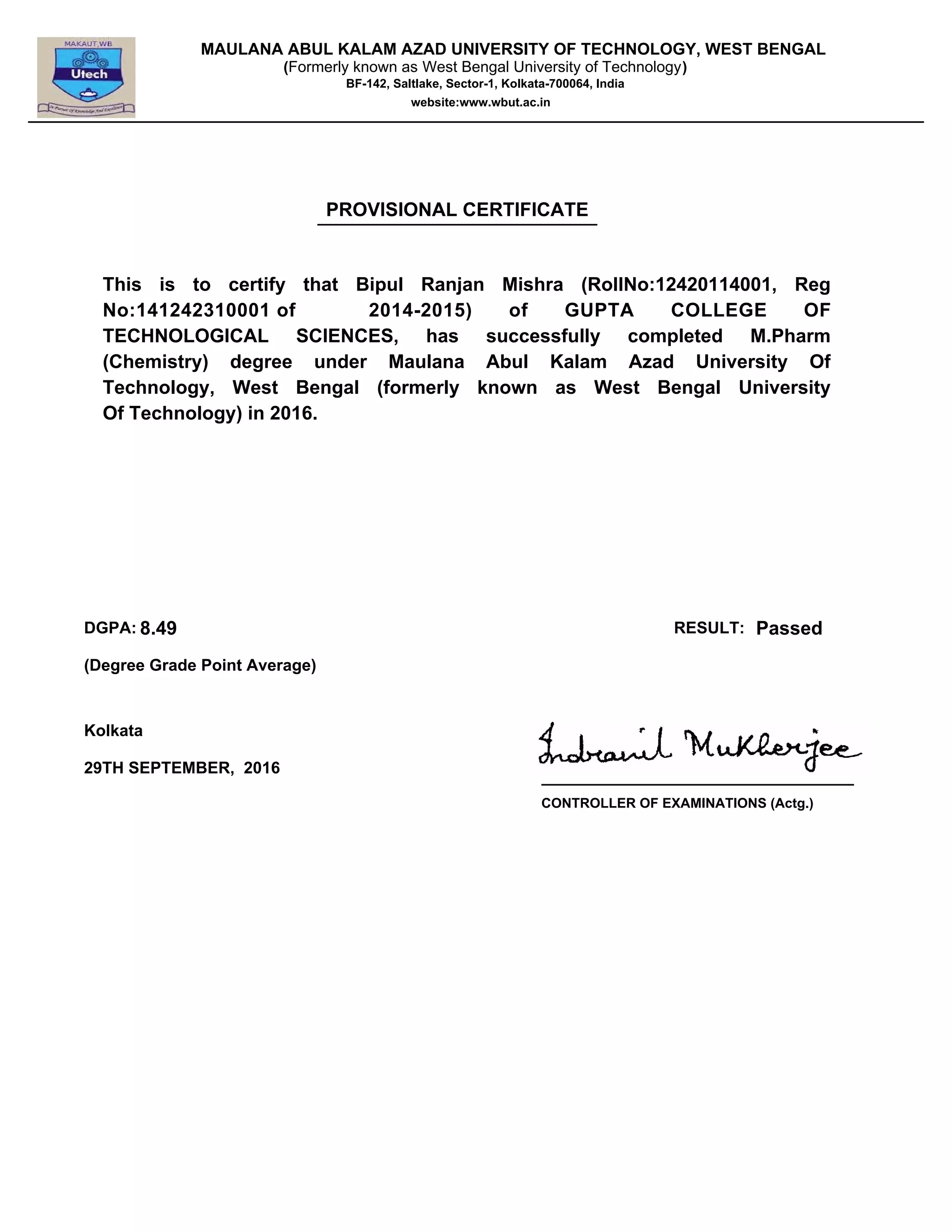 ProvisionalCertificatePG_BIPUL | PDF