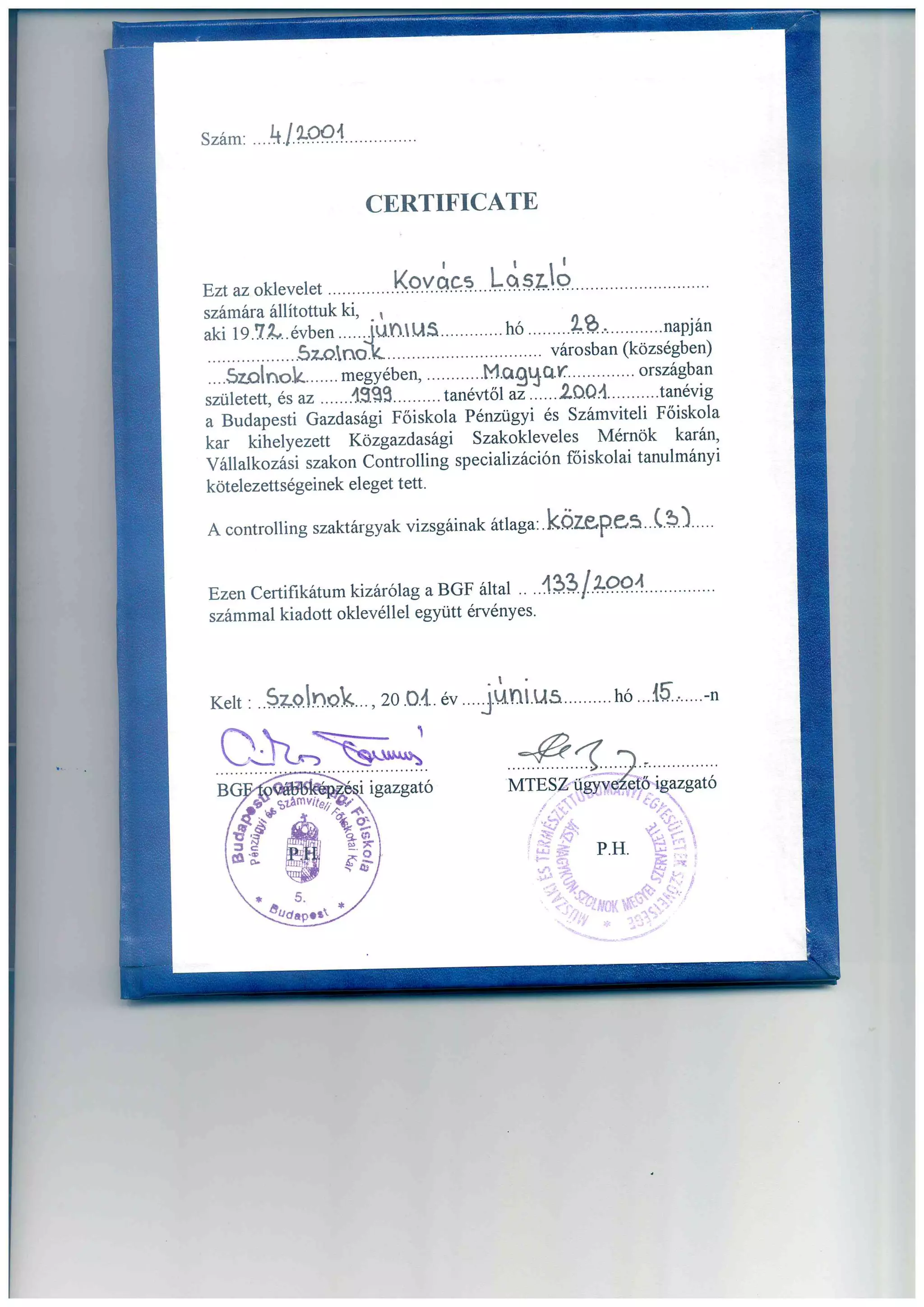 Kovacs Laszlo Pénzügyi Főiskola controlling certificate | PDF