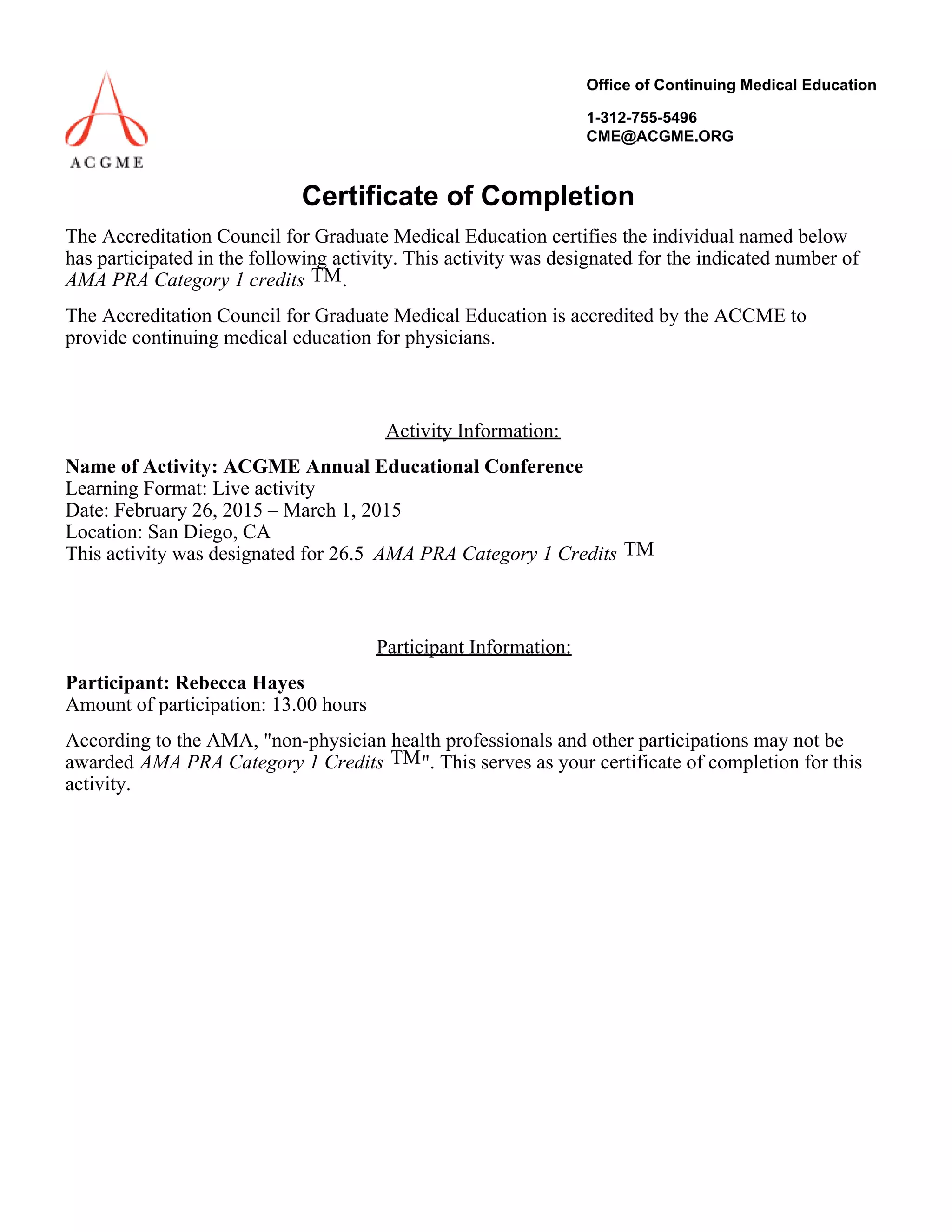 ACGME Conf Certificate | PDF