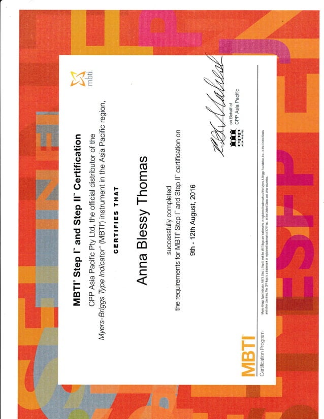Anna Blessy-MBTI Step I & II Certification | PDF