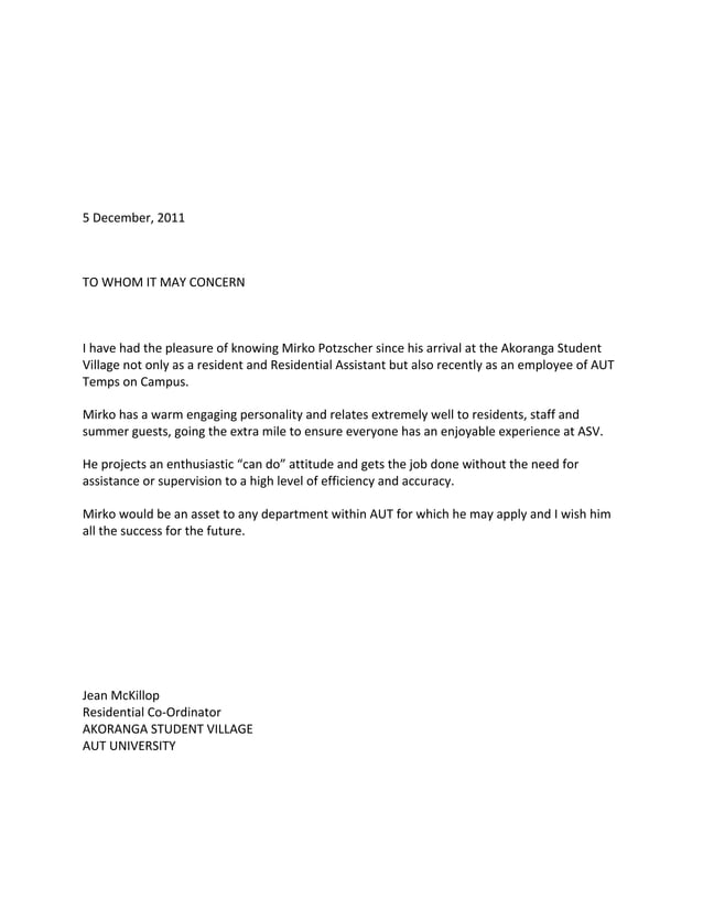 Jean McKillop - Residential Coordinator - letter of reference | PDF