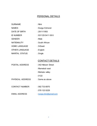 Curriculum vitae for Dunga Edmond Ntini | PDF