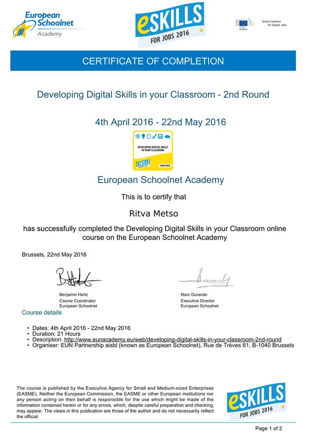 Digital Skills in Classroom May 2016 Certificate | PDF