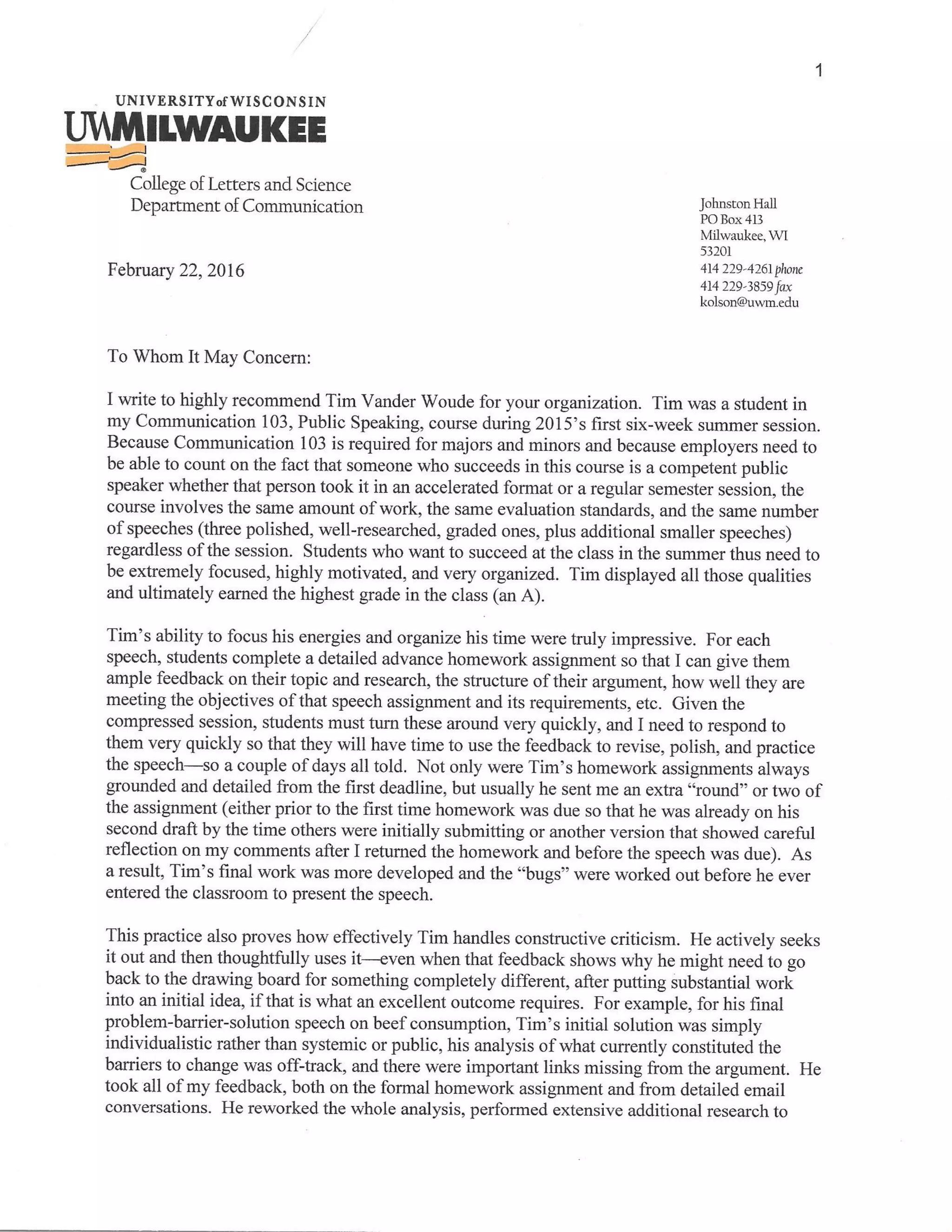 UWM Public Speaking Professor and Communications Dept Chair Olson ...