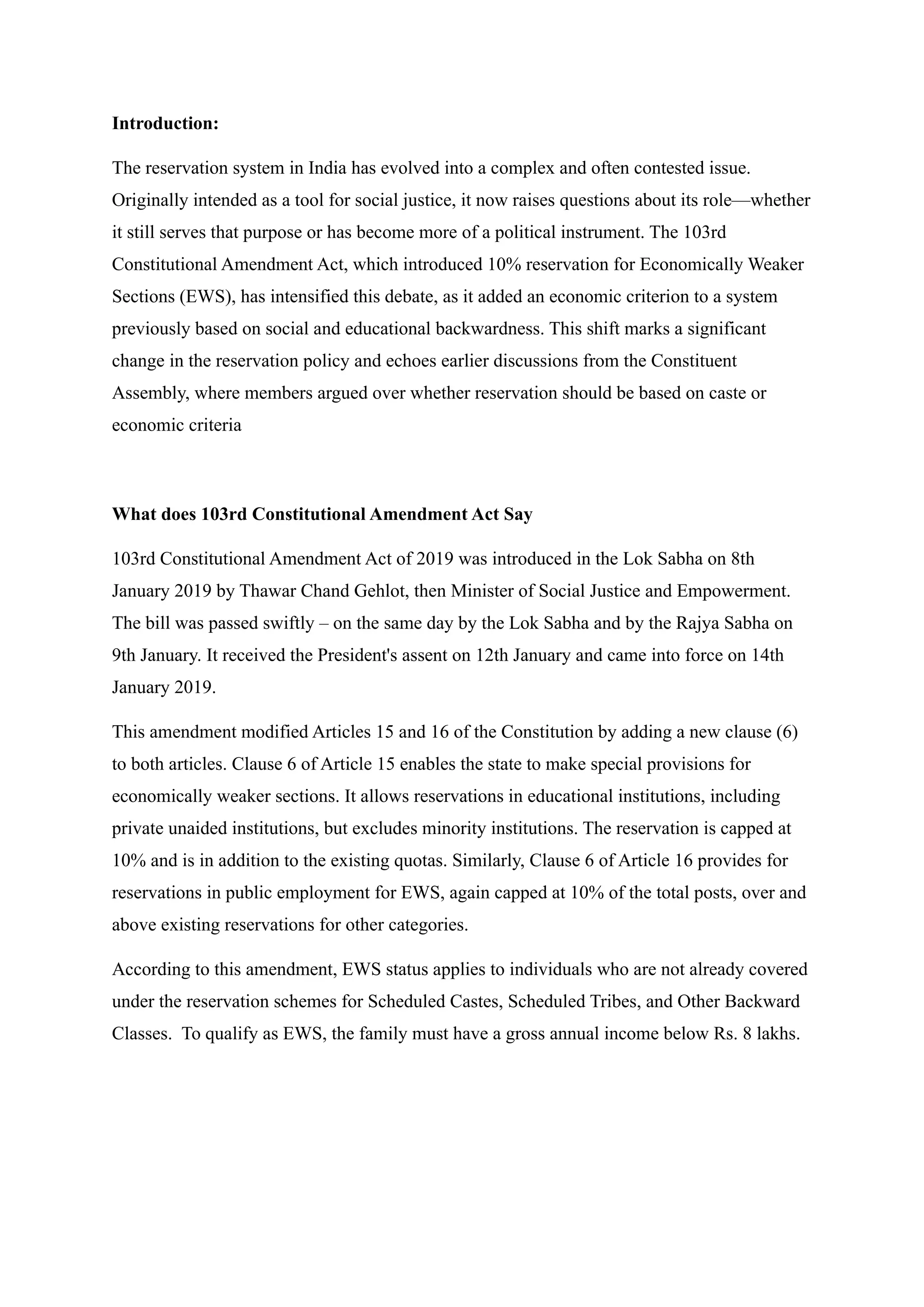 Reservation for Economically Weaker Section in India | DOCX