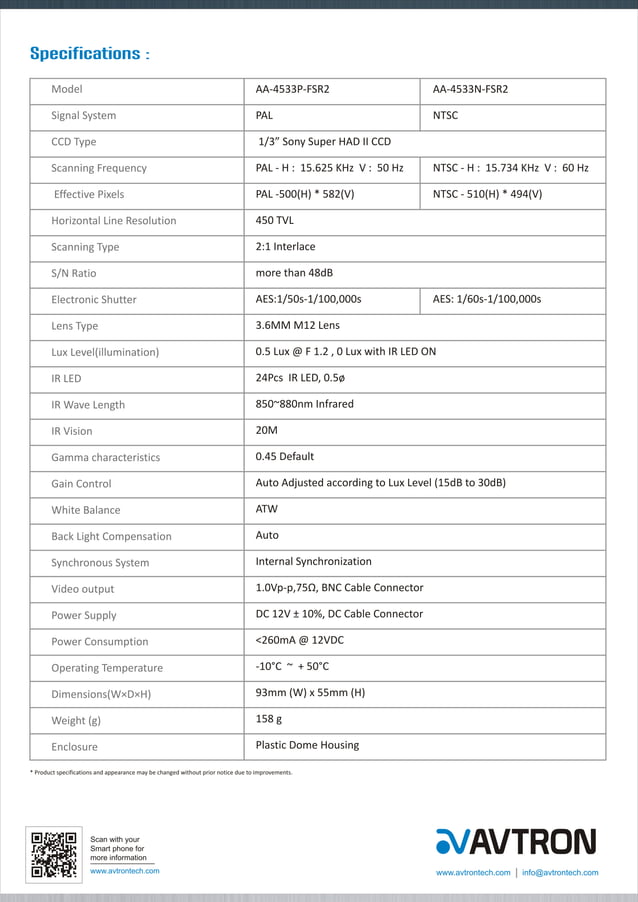 Avtron IR Dome CCTV Camera Aa 4533 p-fsr2-datasheet | PDF