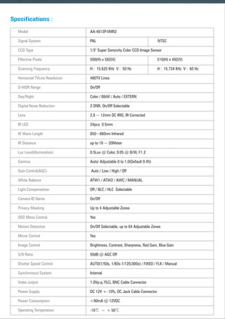 Avtron Indoor Varifocal Dome Camera Aa 4813 p-vmr2 | PDF