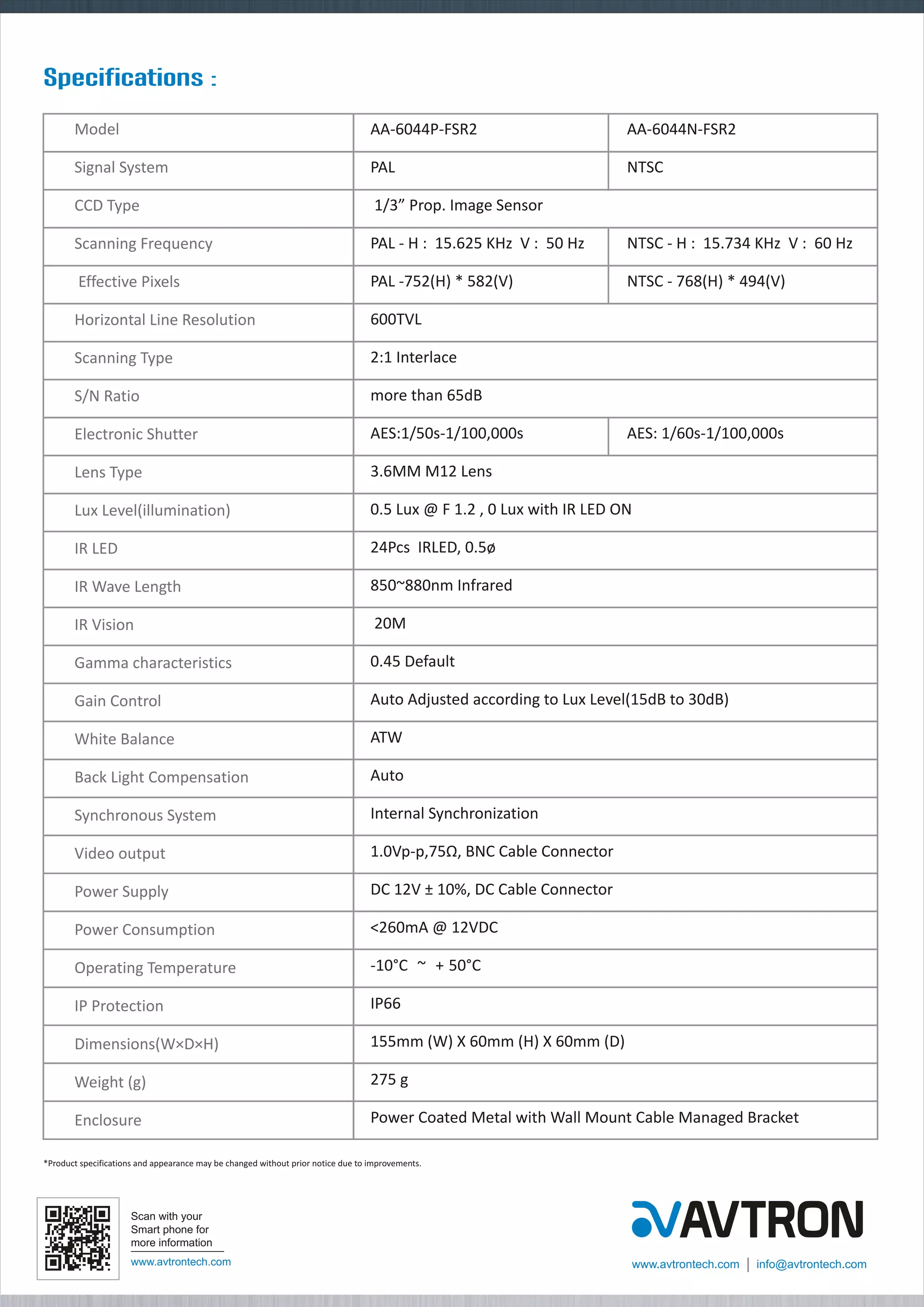 Avtron IR Bullet Camera Aa 6044 p-fsr2-datasheet | PDF