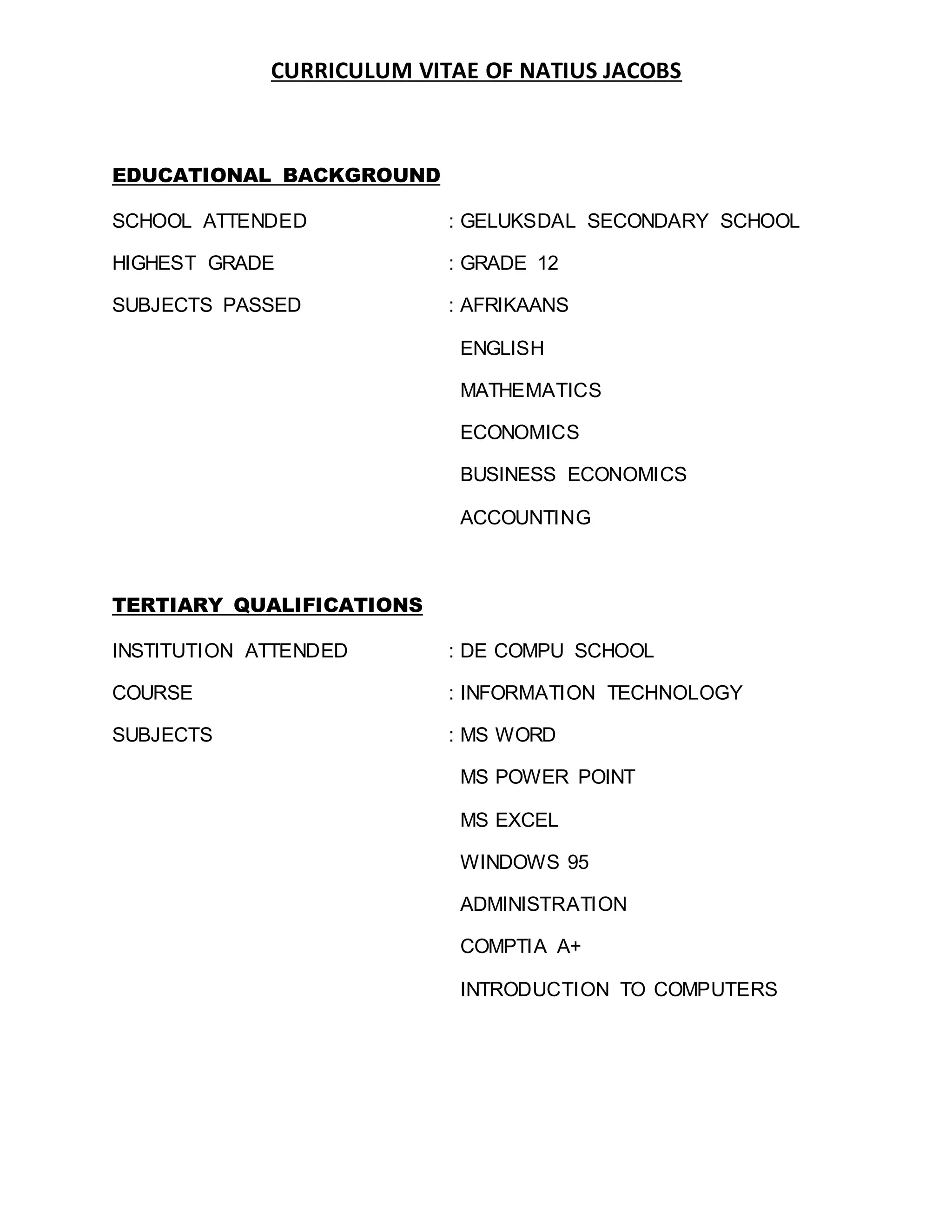 CV - Natius Jacobs | PDF