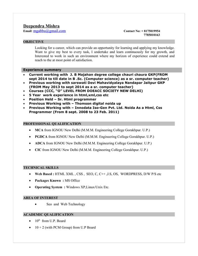 DEEPENDRA MISHRA RESUME FOR COMPUTER TEACHER | PDF