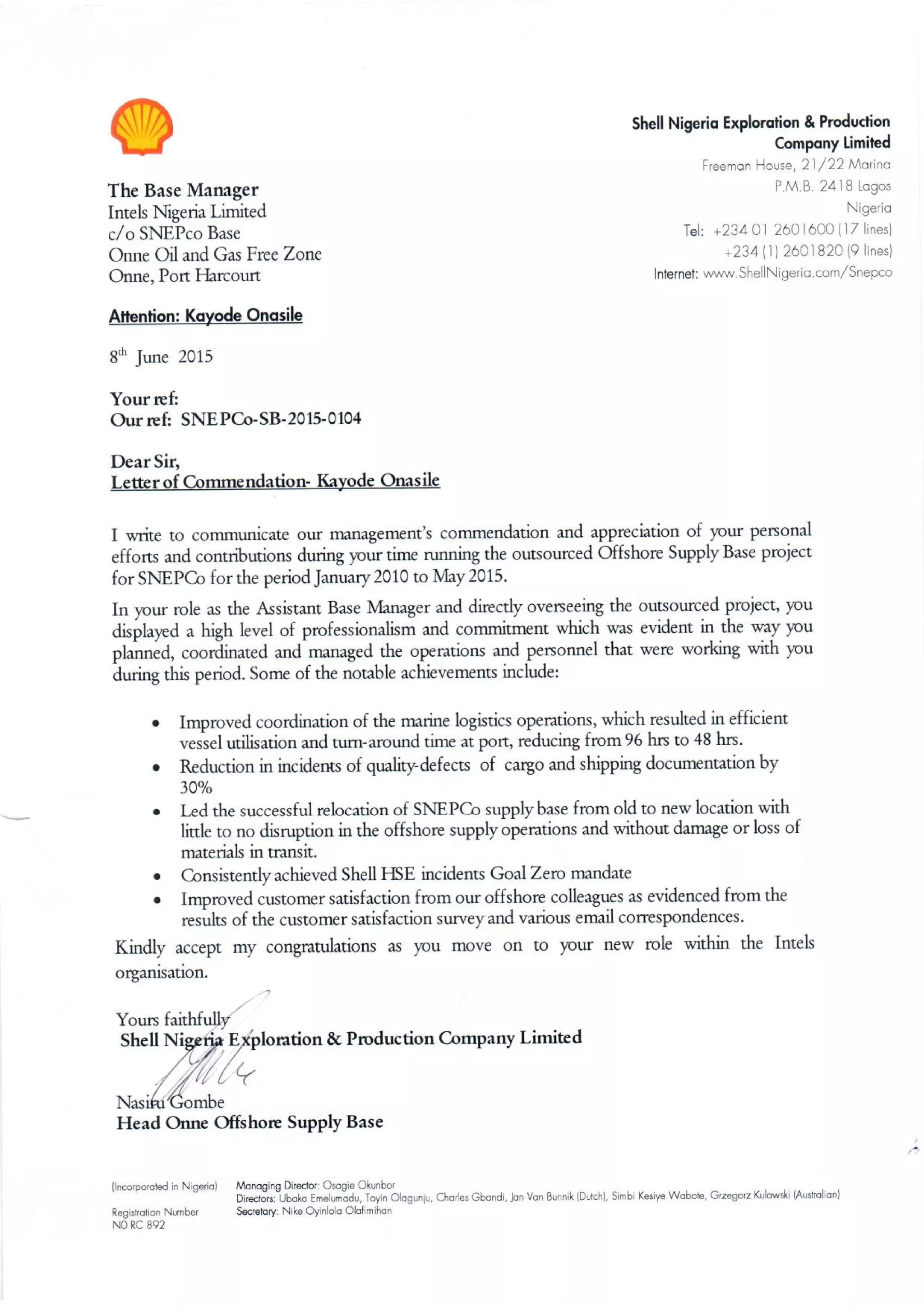 Commendation Letter from SHELL - Kayode Onasile | PDF