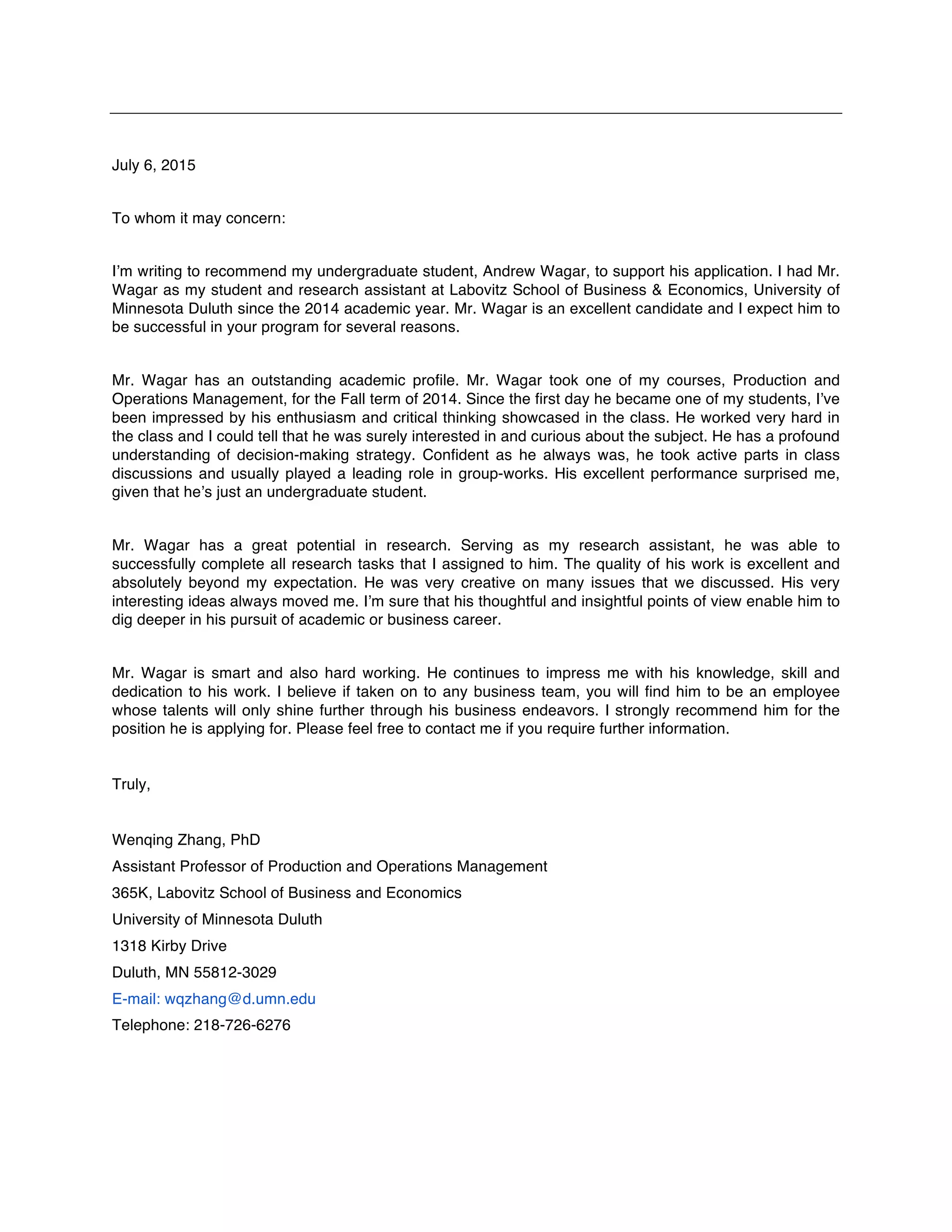 AndrewWagar-Letter of Recommendation-Research Assistant | PDF