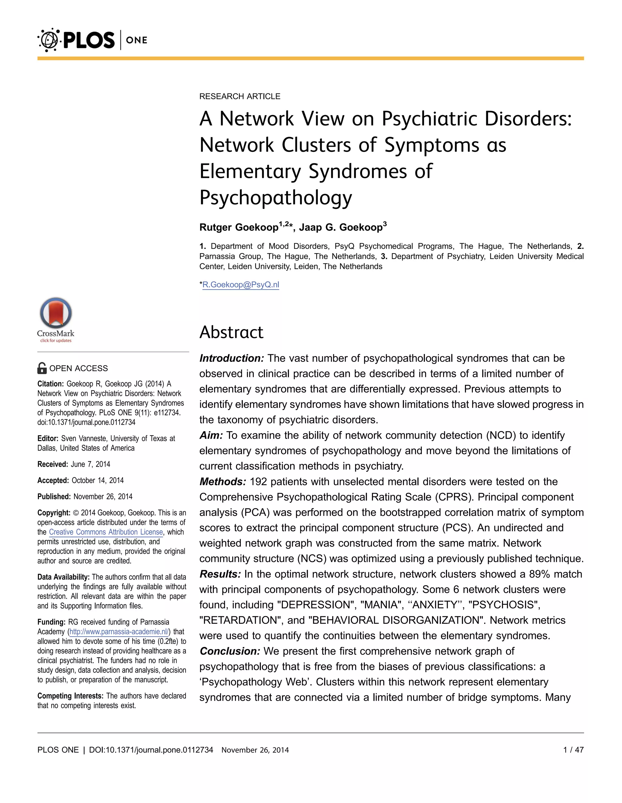 Goekoop and Goekoop 2014 A Network View on Psychiatric Disorders ...