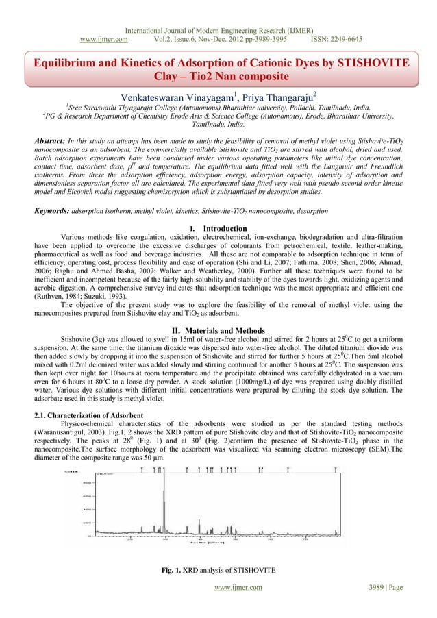 Equilibrium and Kinetics of Adsorption of Cationic Dyes by STISHOVITE Clay – Tio2 Nan composite ...