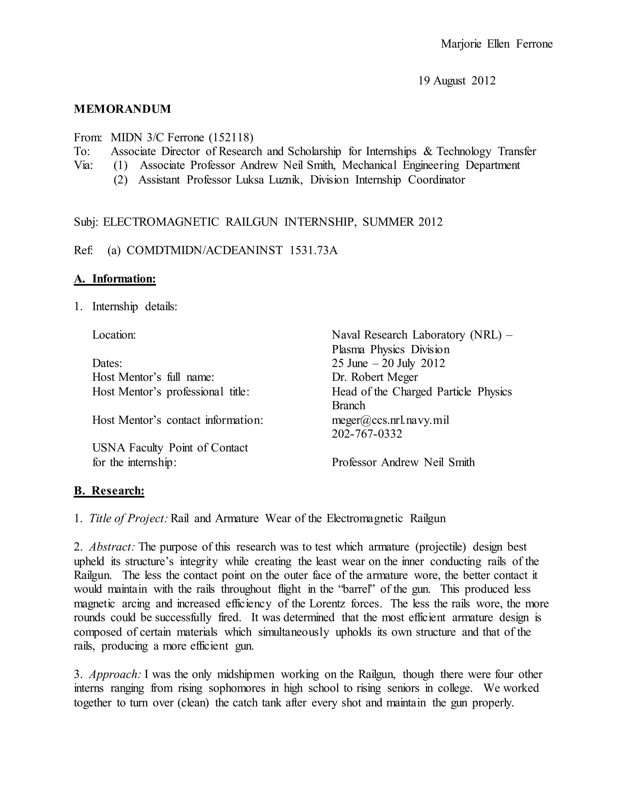 Electromagnetic Railgun Internship Abstract | DOCX