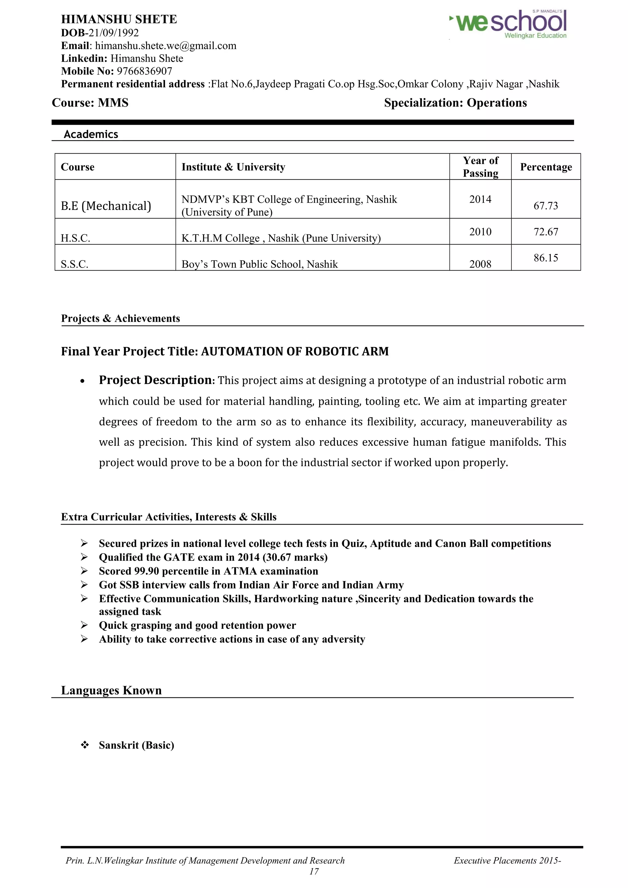 CV Himanshu Shete (Welingkar) | DOC