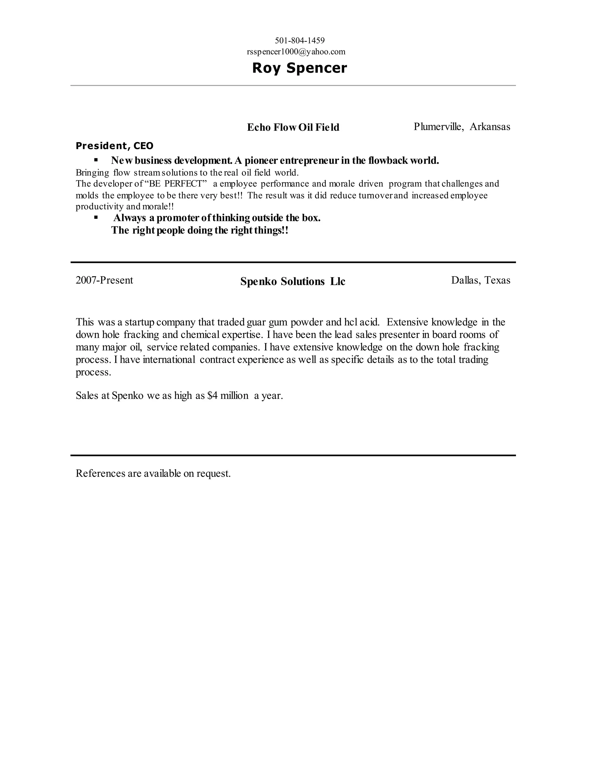 resume roy spencer new | DOCX | Business | Business and Finance