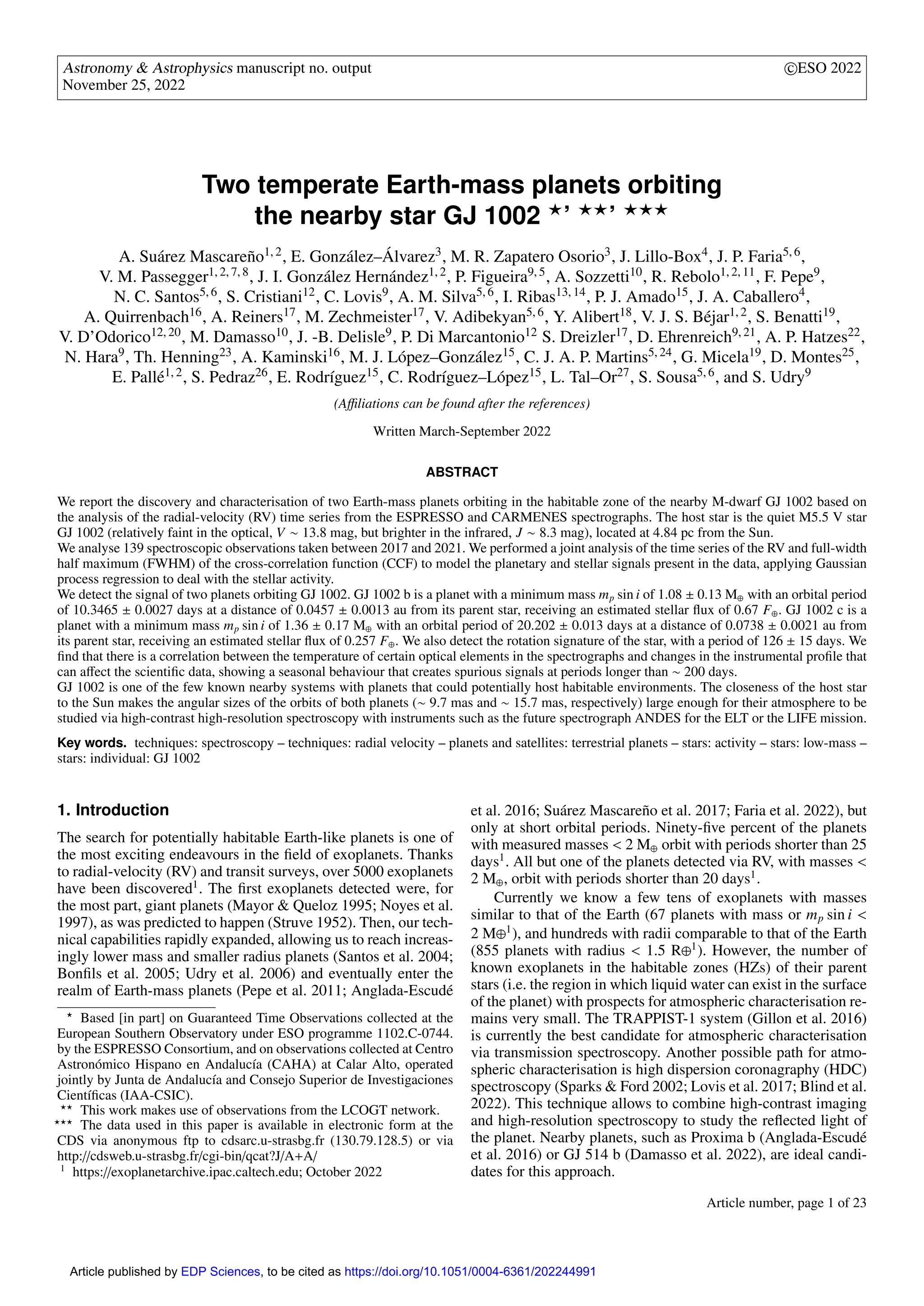 Two temperate Earth-mass planets orbiting the nearby star GJ 1002 | PDF ...