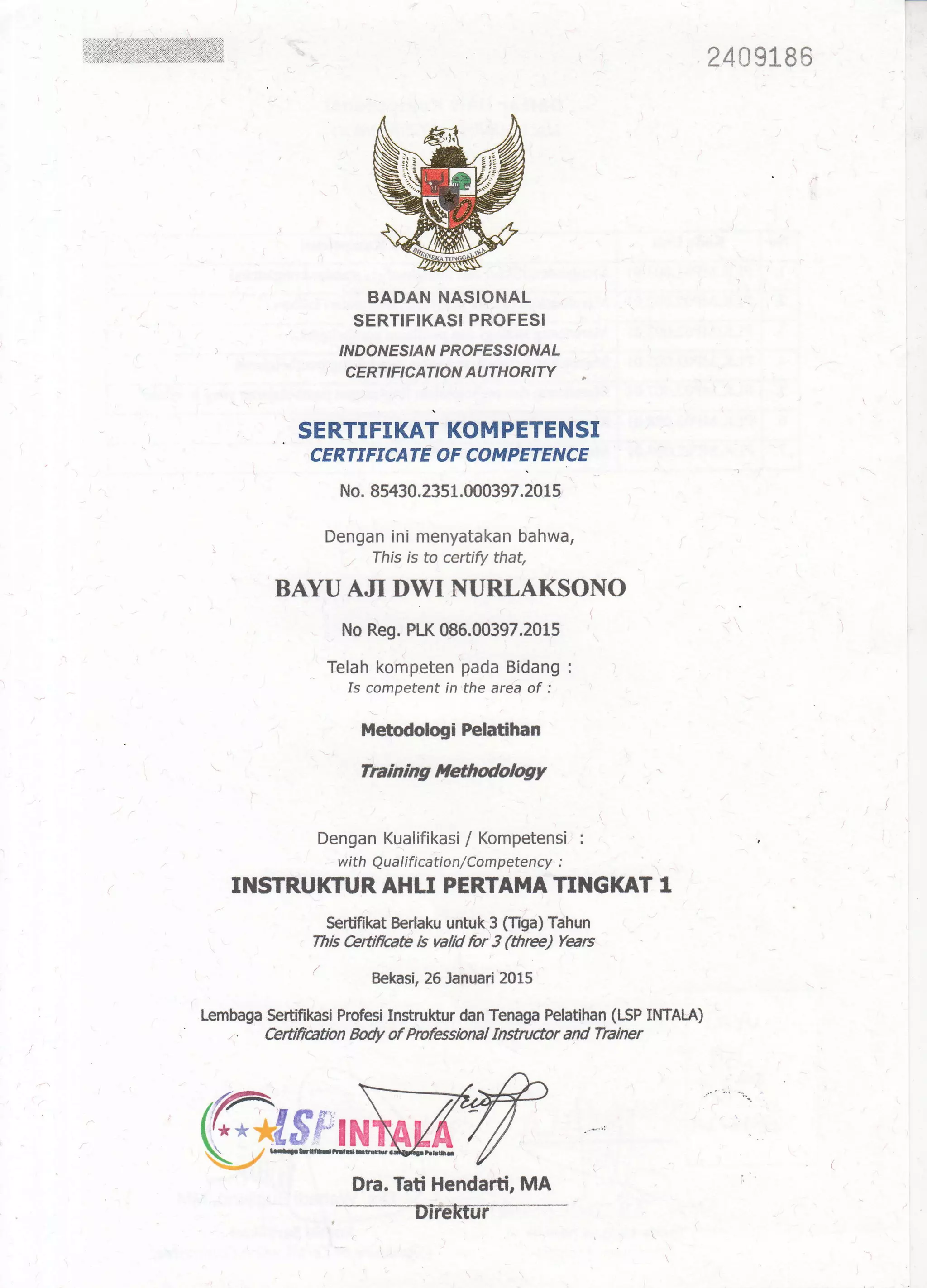 Sertifikat Instruktur BNSP Bayu ADN | PDF