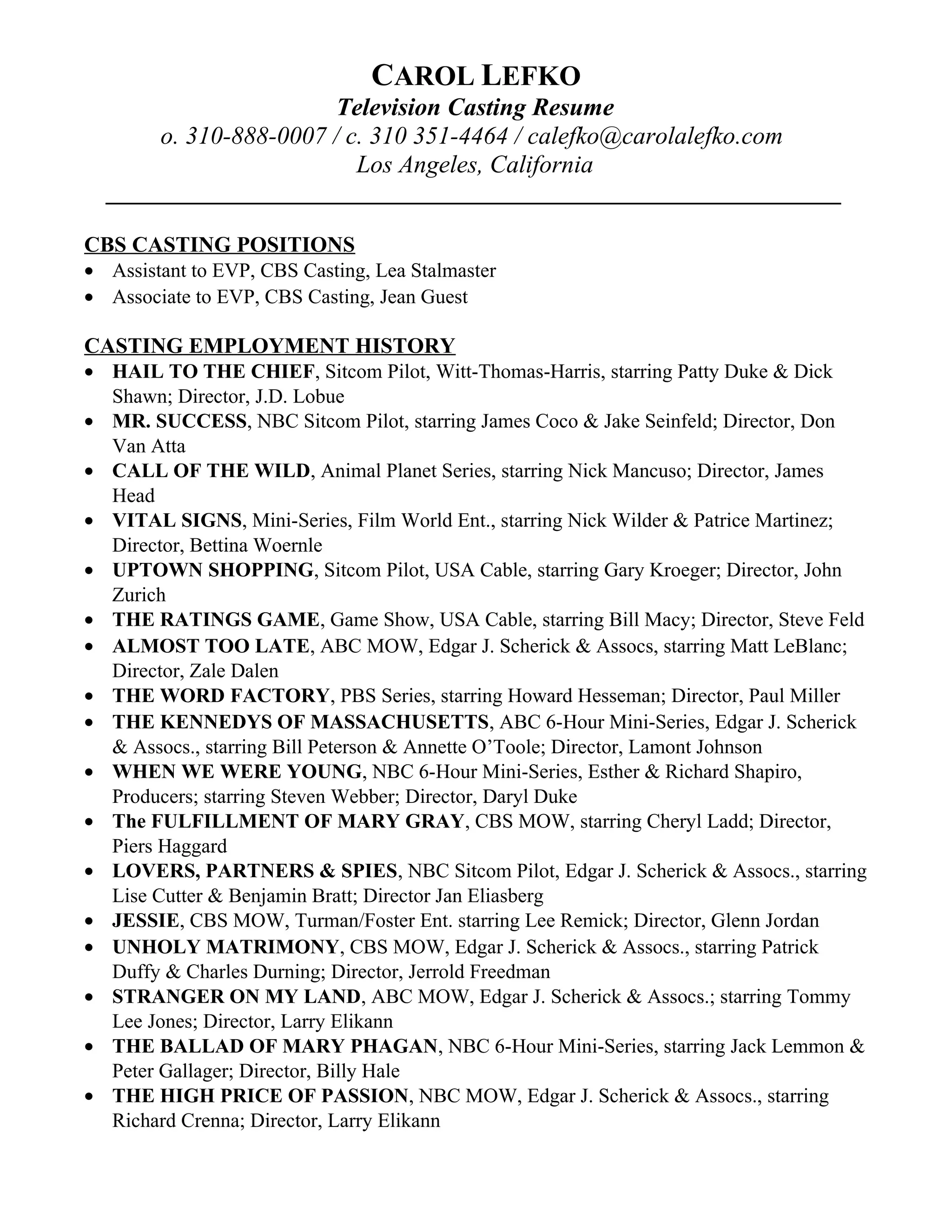 Carol Lefko - Television Casting Resume | DOC