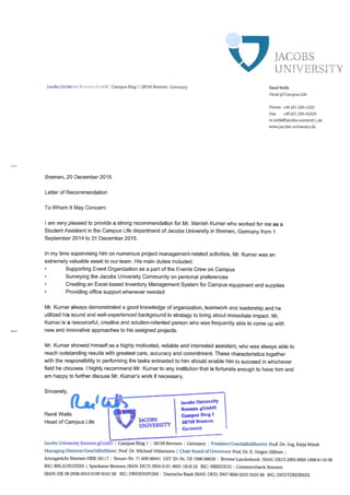 Manish Reference Letter - Campus Life Department | PDF