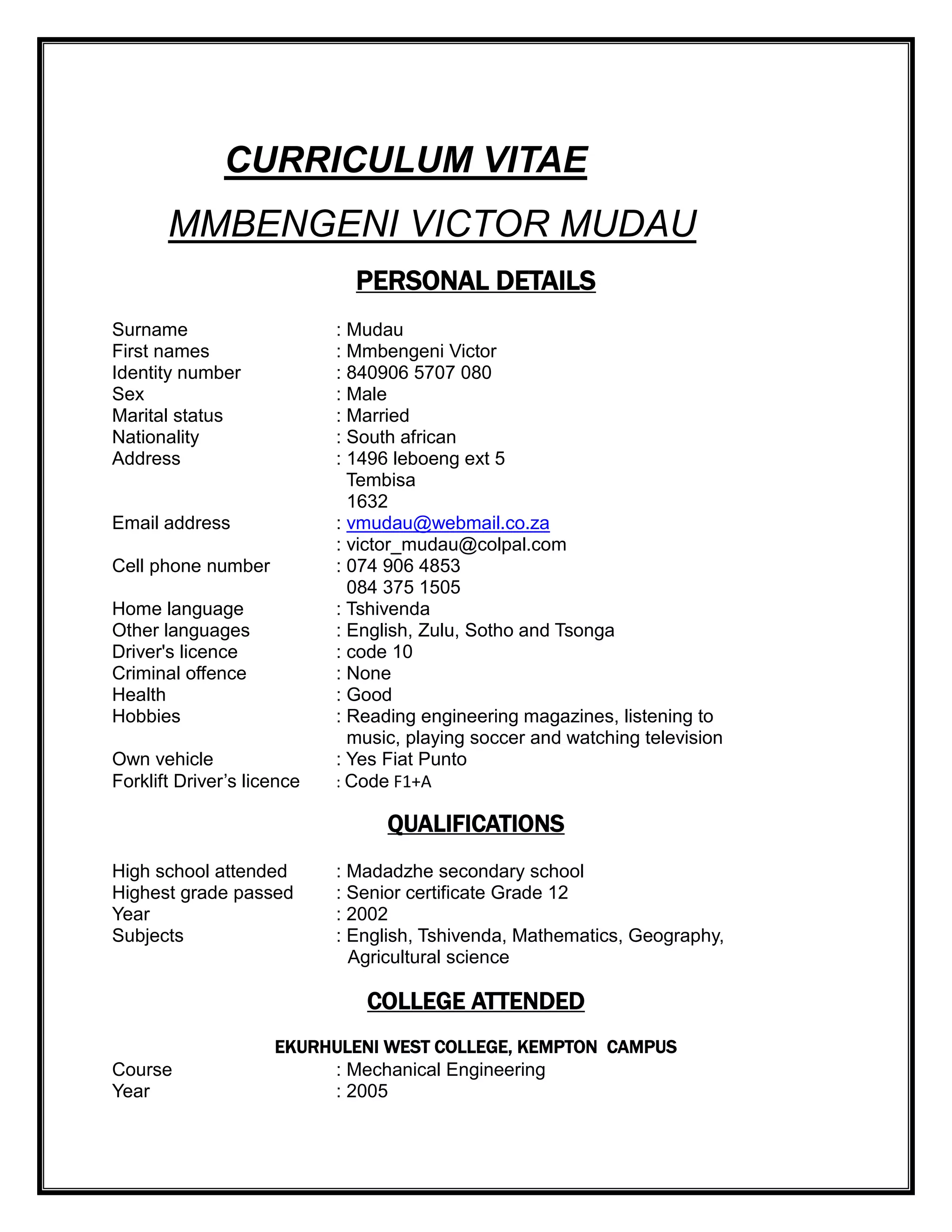 Curriculum vitae of Victor Mudau 2016 | PDF
