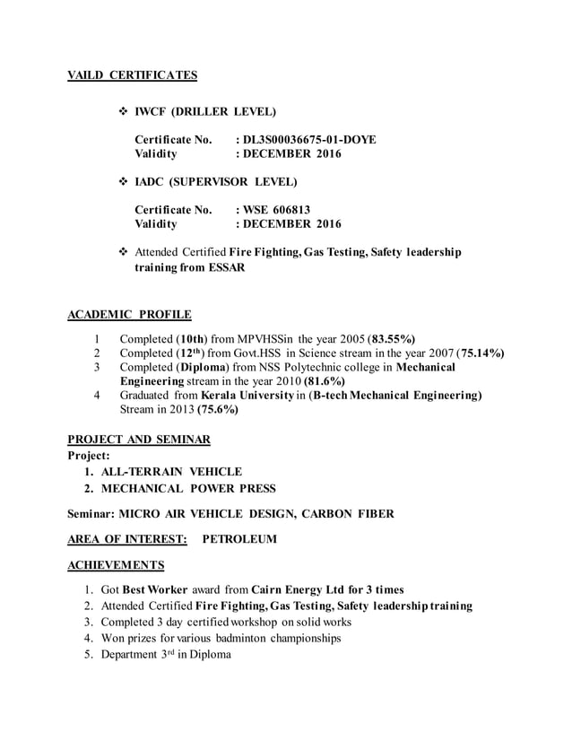 Vipin V Nair(CV)-Asst Driller | PDF