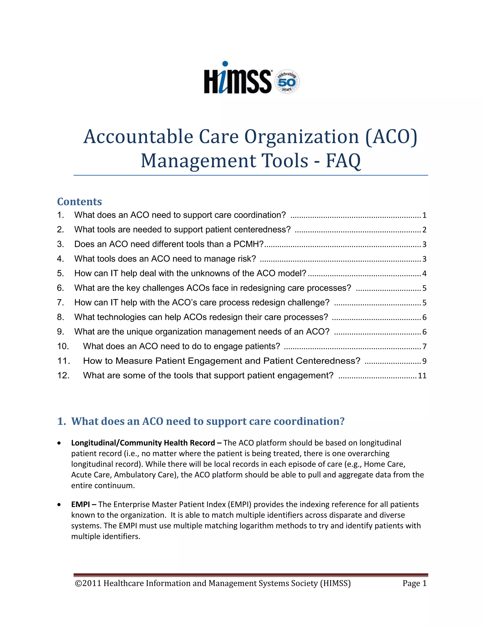 Accountable Care Organization (ACO) Management Tools - FAQ | PDF