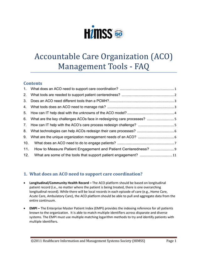 Accountable Care Organization (ACO) Management Tools - FAQ | PDF