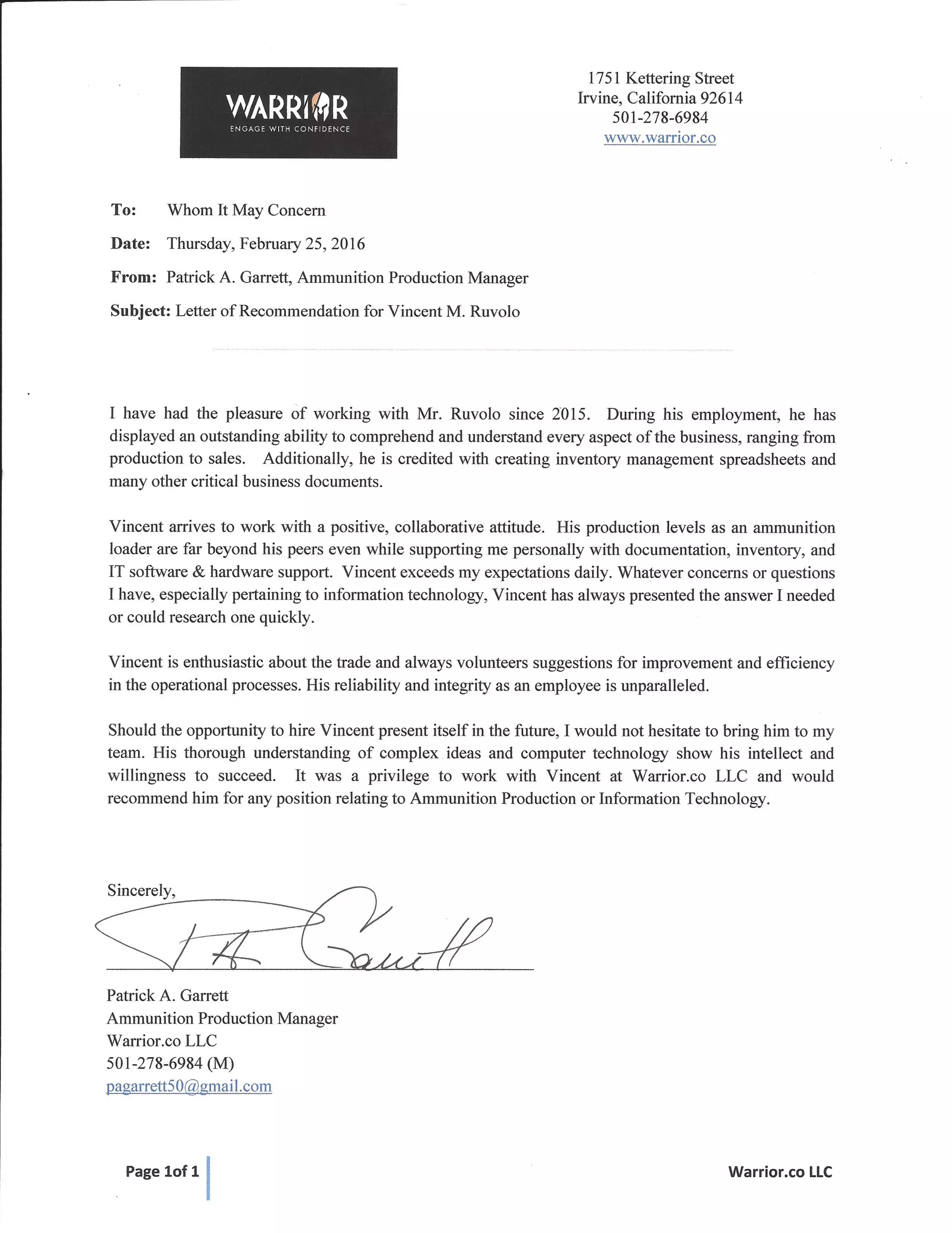 Letter of Recommendation - from Pat Garrett | PDF