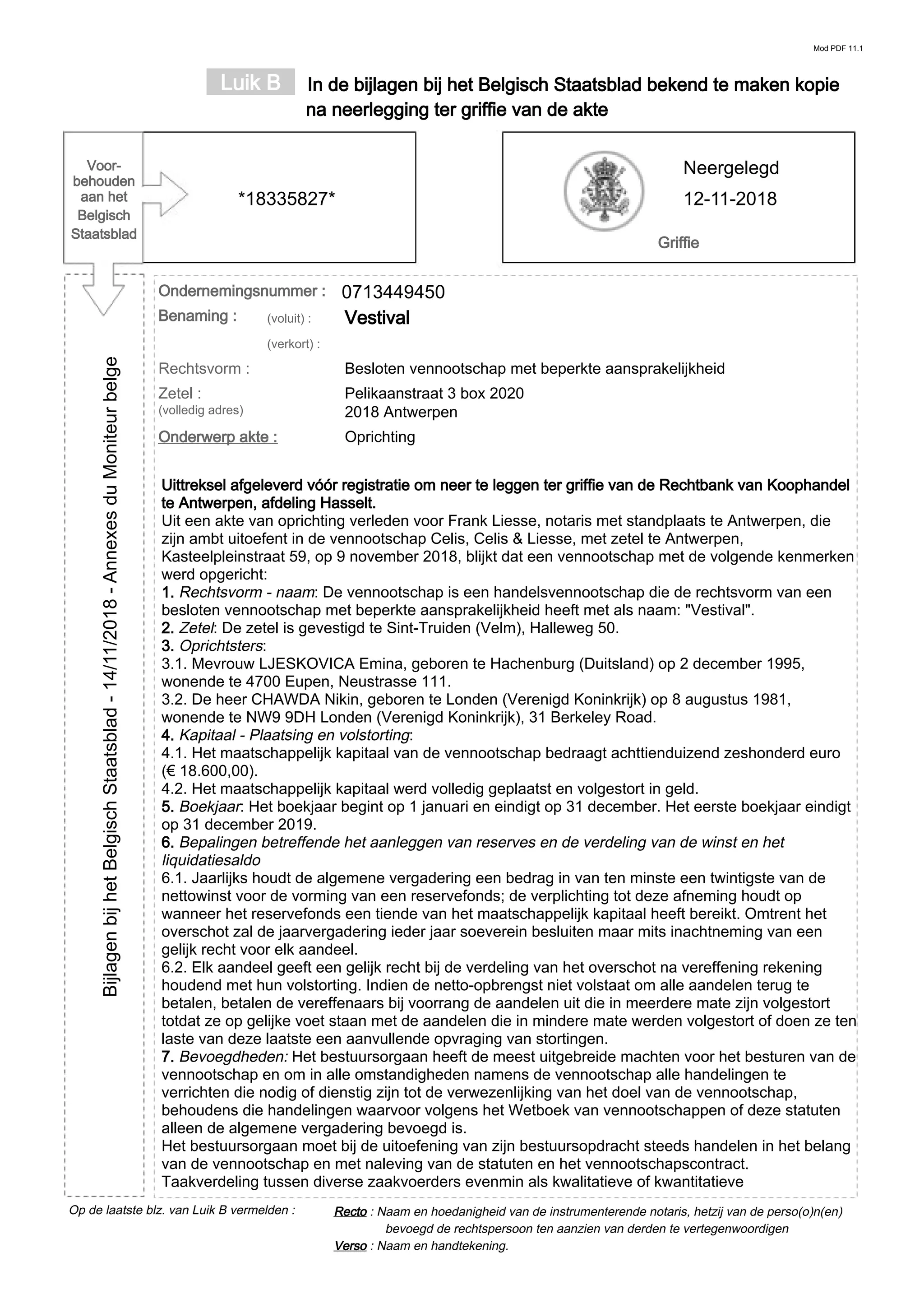 Oprichtingsakte BVBA Vestival bevat materiële fout | PDF