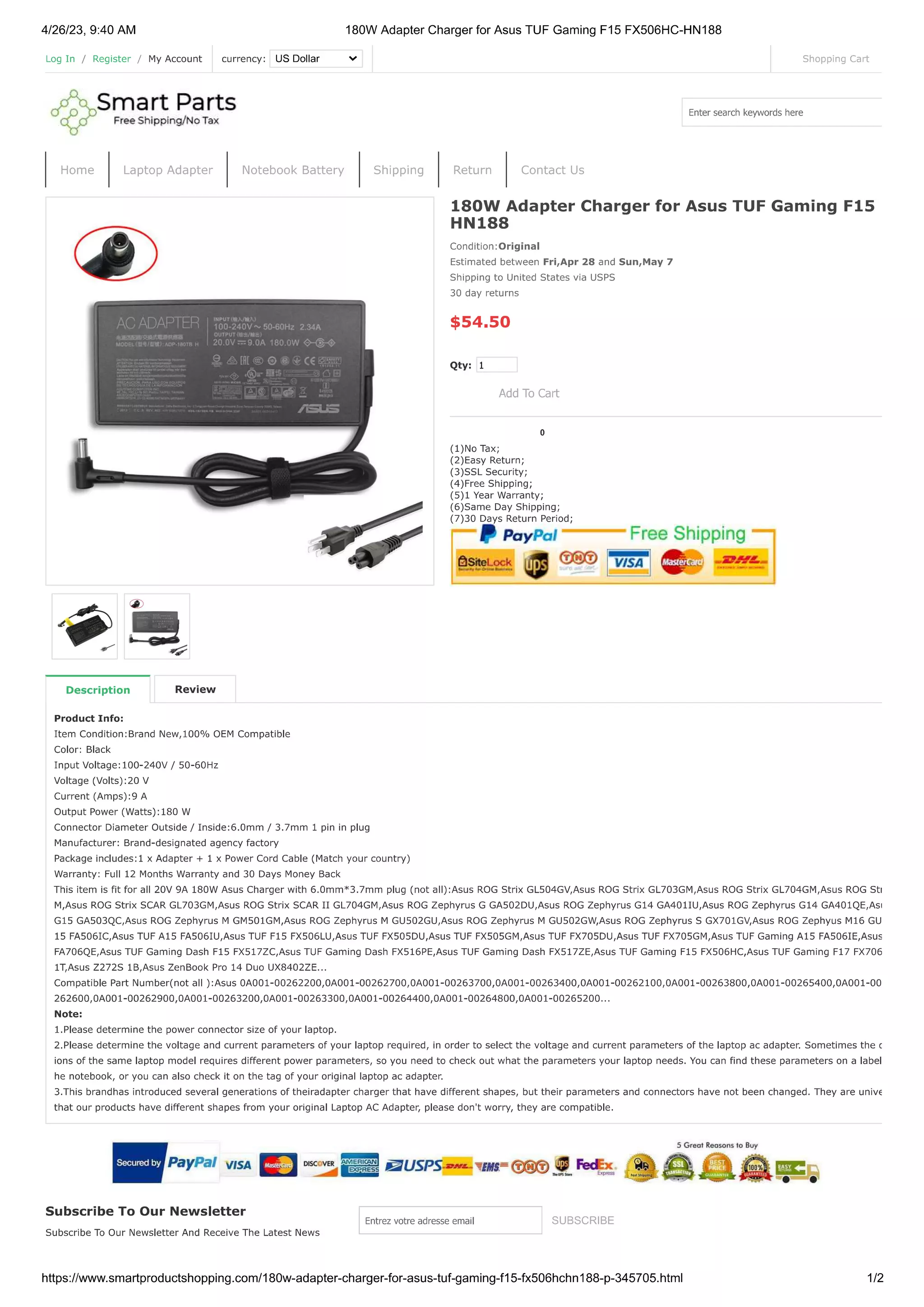 180W Adapter Charger for Asus TUF Gaming F15 FX506HC-HN188 | PDF | Consumer Electronics ...