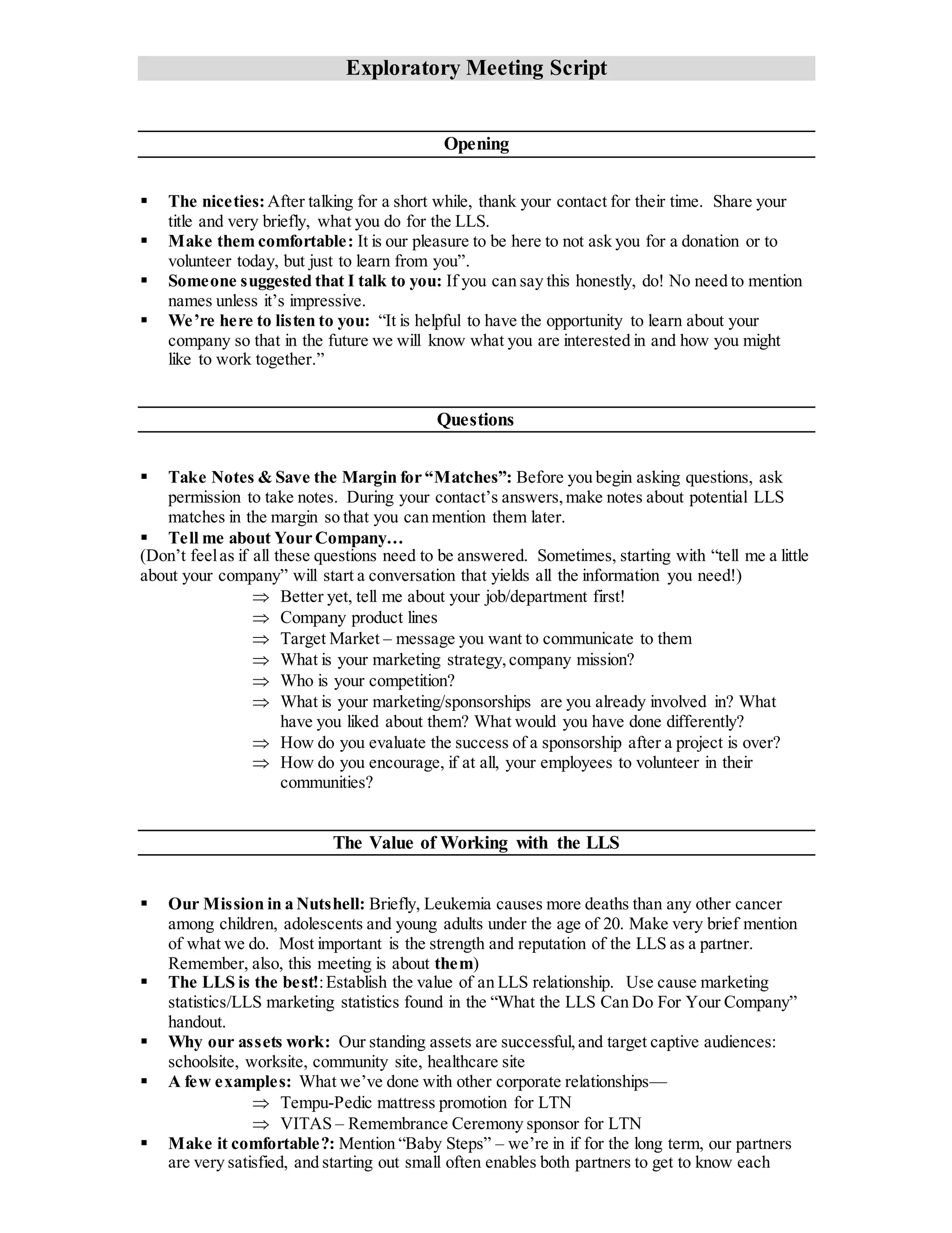 LLS Exploratory Meeting Script | DOCX