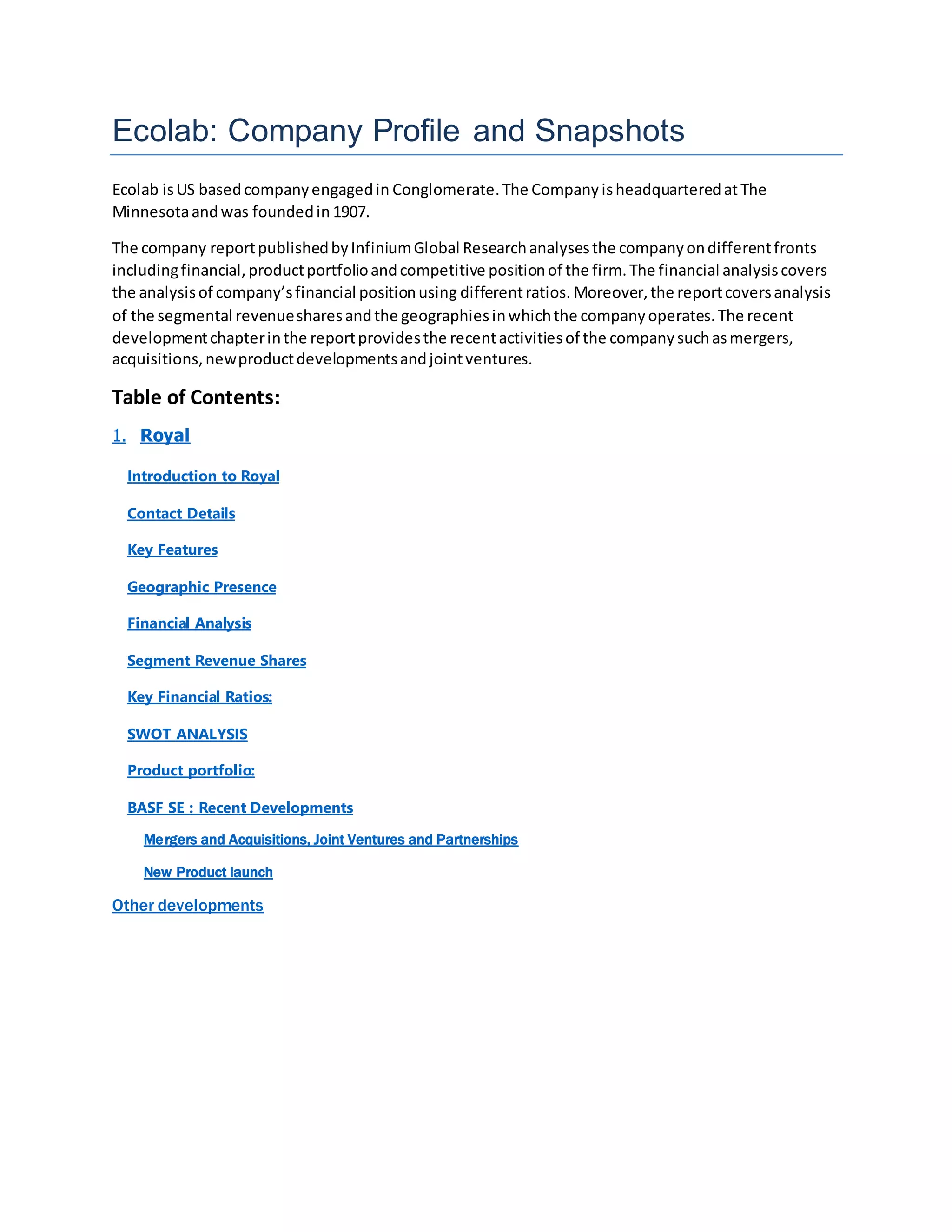 Ecolab: Company Profile and Snapshots | DOCX