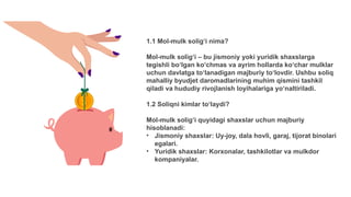 Mol - mulk va mulkiy daromat soliqlari | PPT