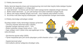 Mol - mulk va mulkiy daromat soliqlari | PPT