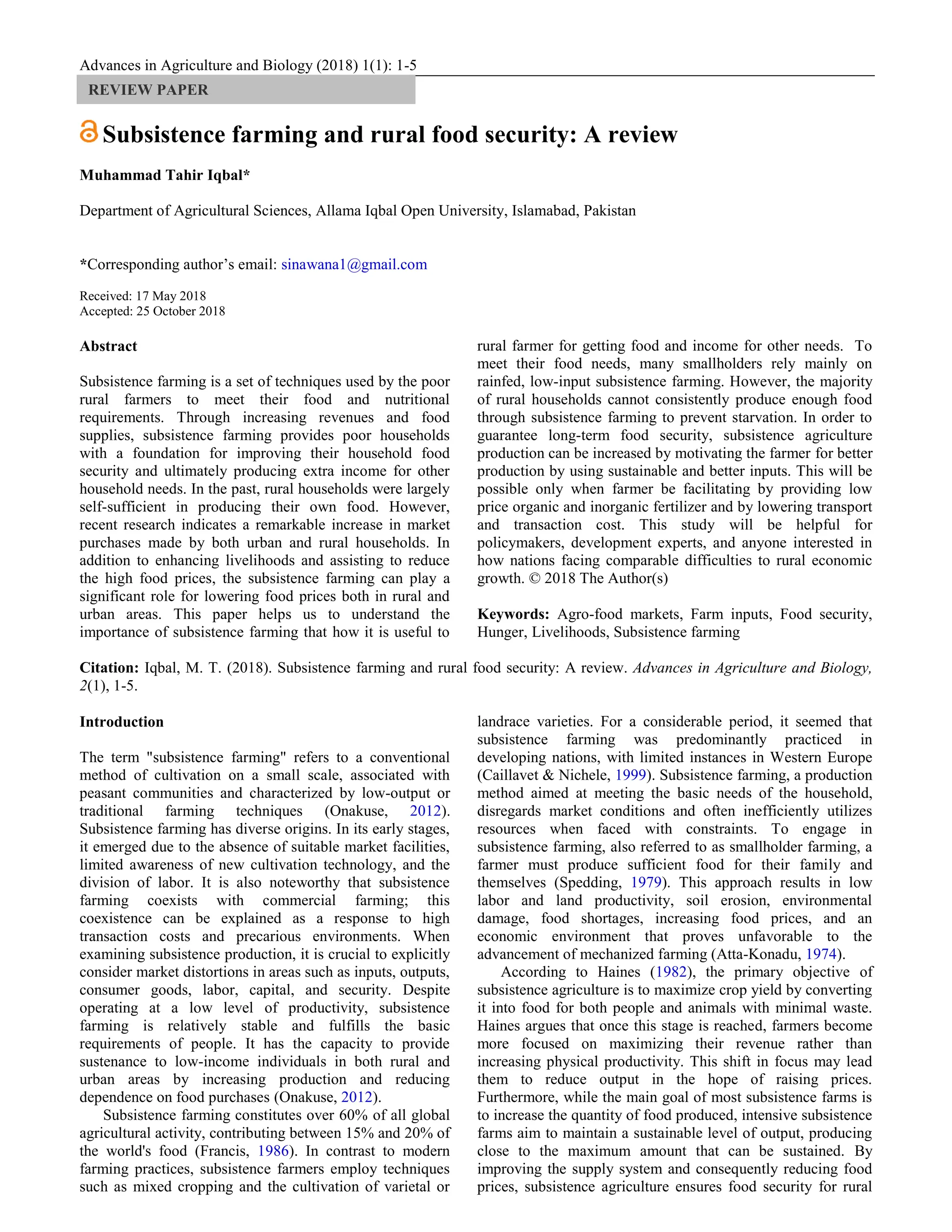 Subsistence farming and rural food security: A review | PDF
